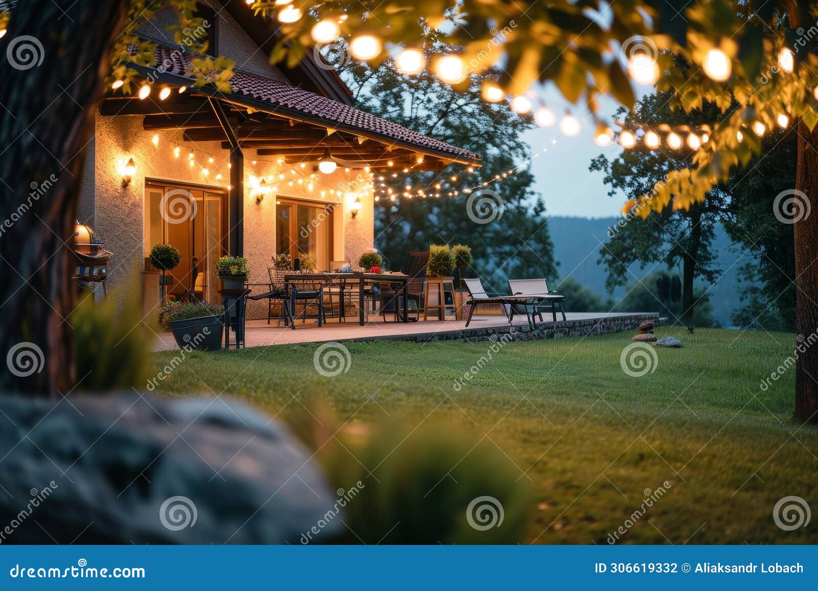 Luxury Country House with Evening Lighting after Sunset Stock Photo ...