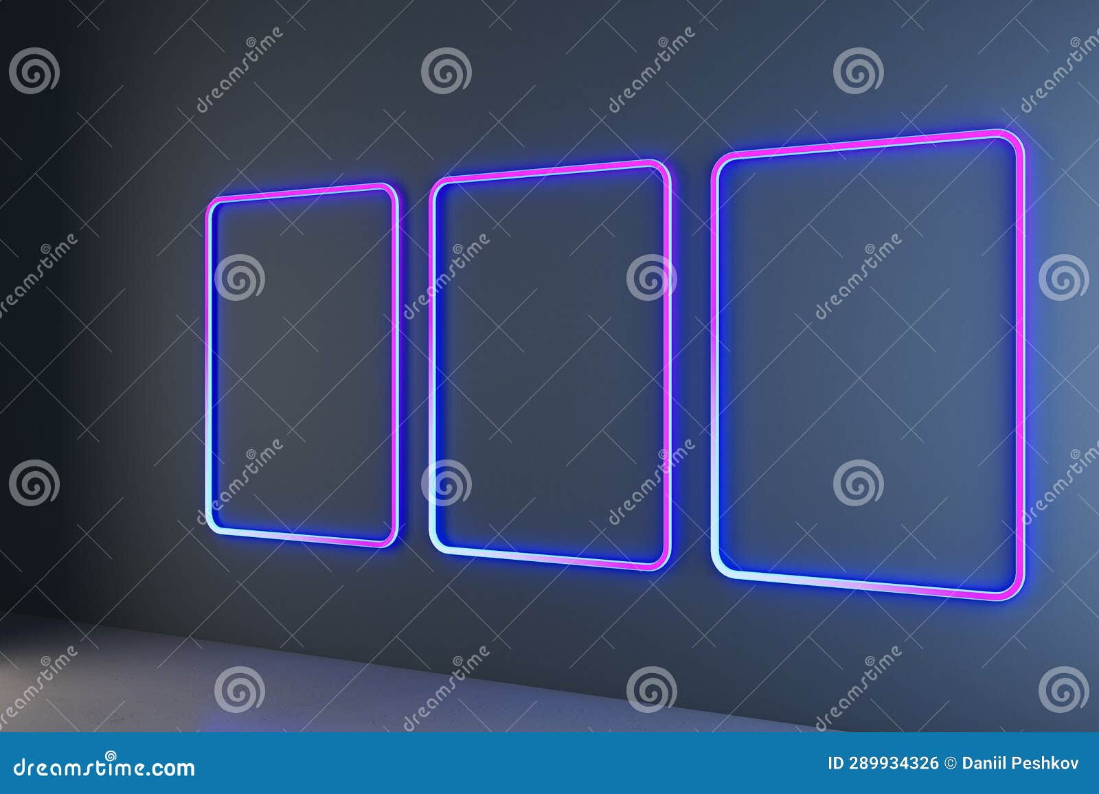 Luxury Dark Neon Gallery Interior with Mock Up Frames on Concrete Wall ...