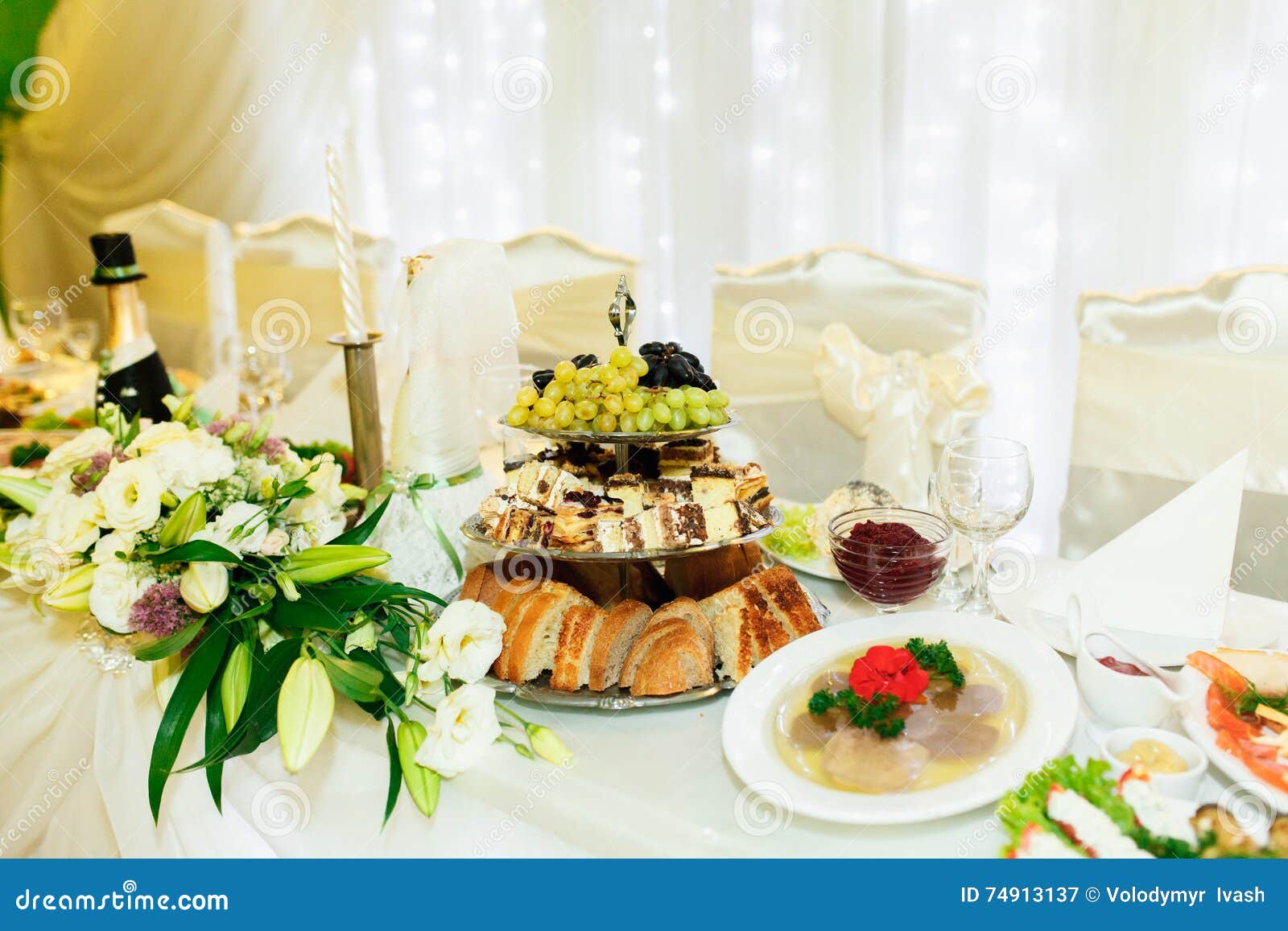 Luxury Dinner Table with Drinks, Pastry and Meat Stock Image - Image of ...