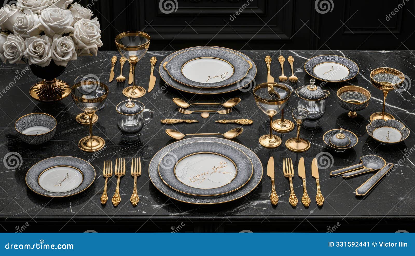 Luxury Dinnerware Table Setting with Gold Cutlery and Gray Plates on ...