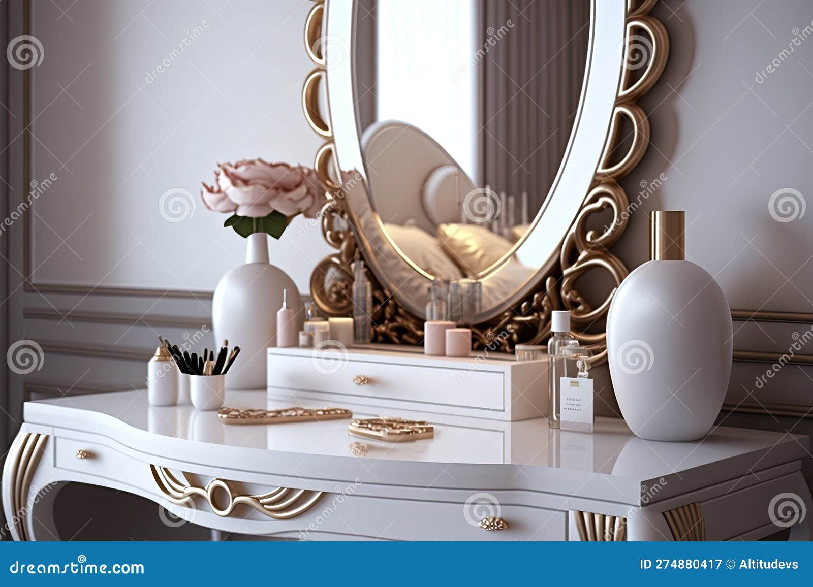 Luxury Dressing Table with Designer Accessories and Chic Mirror Stock ...