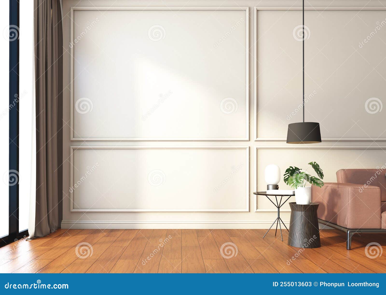 Luxury Empty Room with Side Table and Hanging Lamp, Wall Cornice and ...