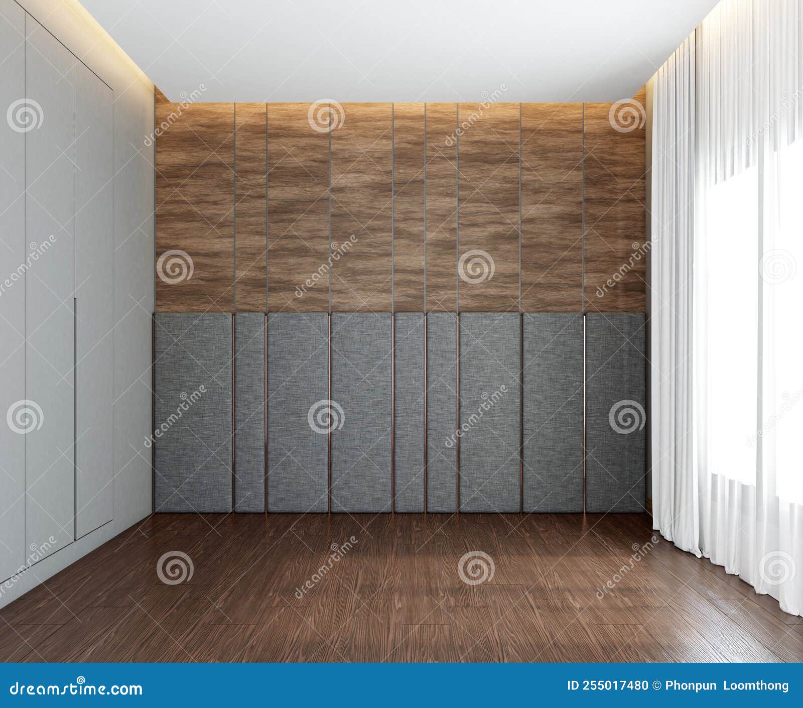 Luxury Empty Room with Wood Pattern Wall and Gray Wardrobe, Brown Wood ...