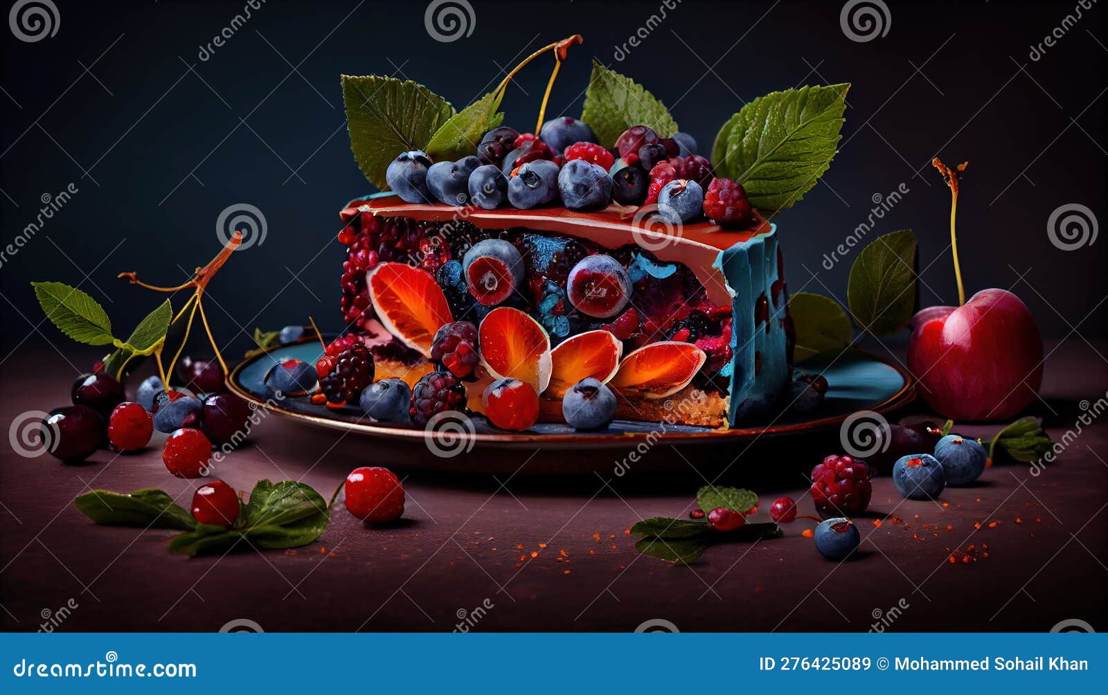 Luxury Fruit Chocolate Cake and Flower Decorations on Dark Theme ...
