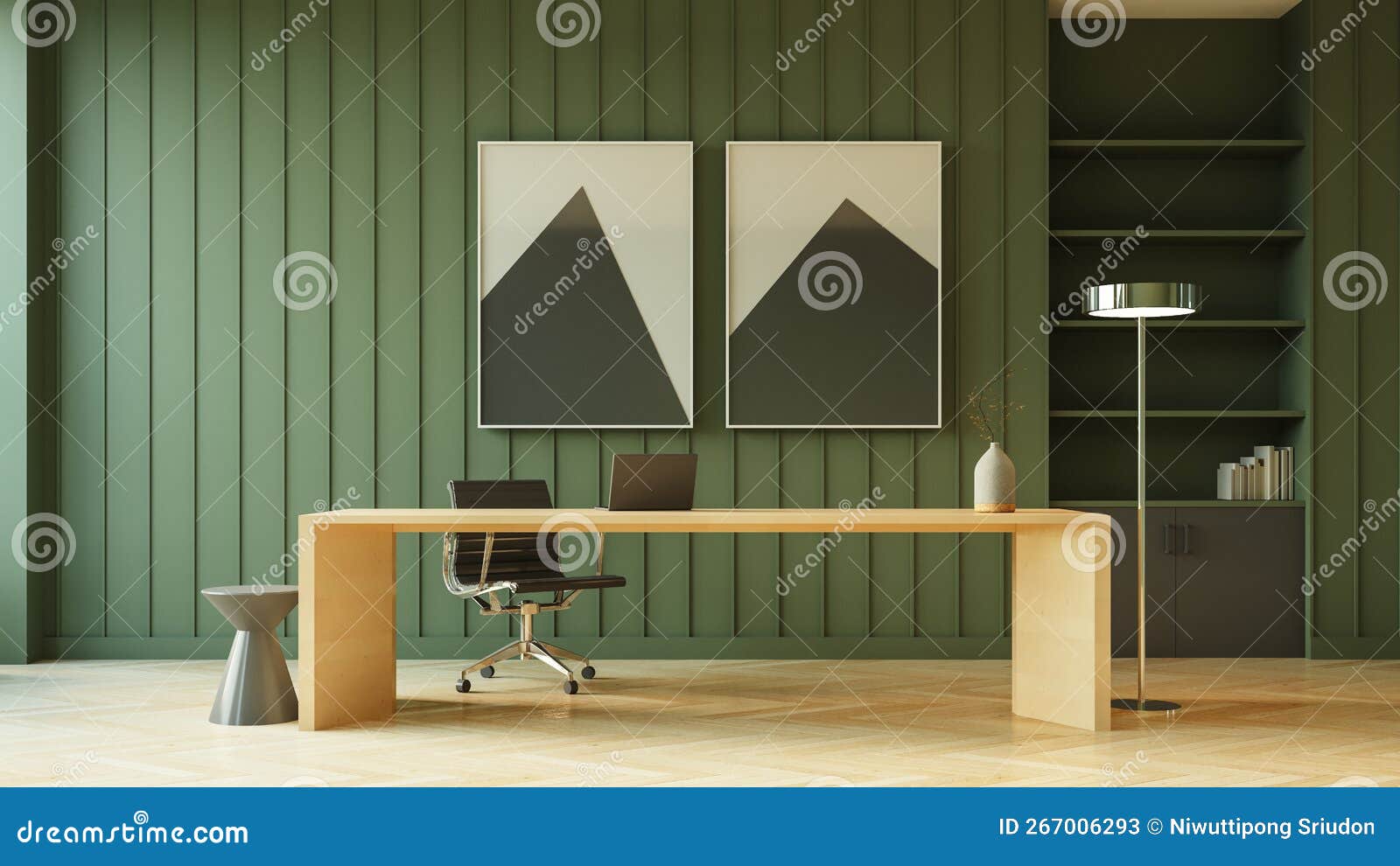 Luxury Green Wall Boss Room And Meeting Room - 3D Rendering Royalty ...