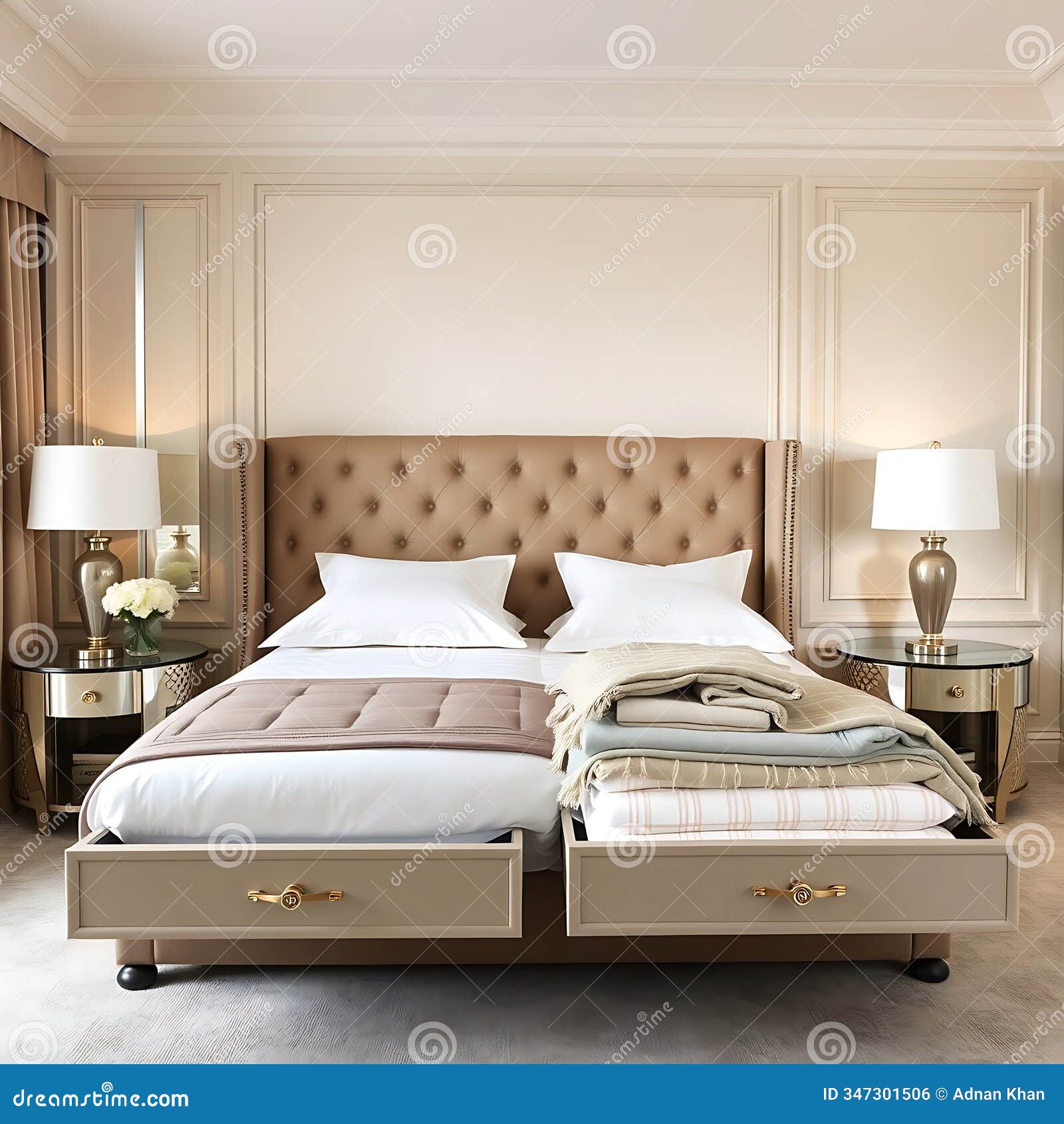 A Luxury Guest Room with a Storage Bed Featuring a Tufted Headboard ...