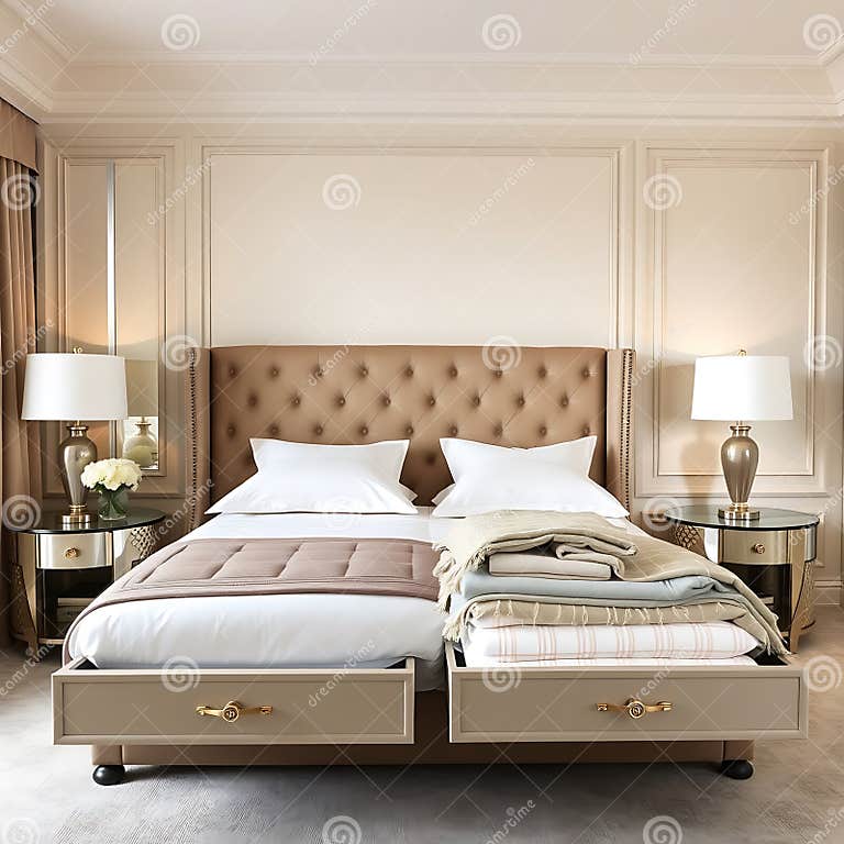 A Luxury Guest Room with a Storage Bed Featuring a Tufted Headboard ...