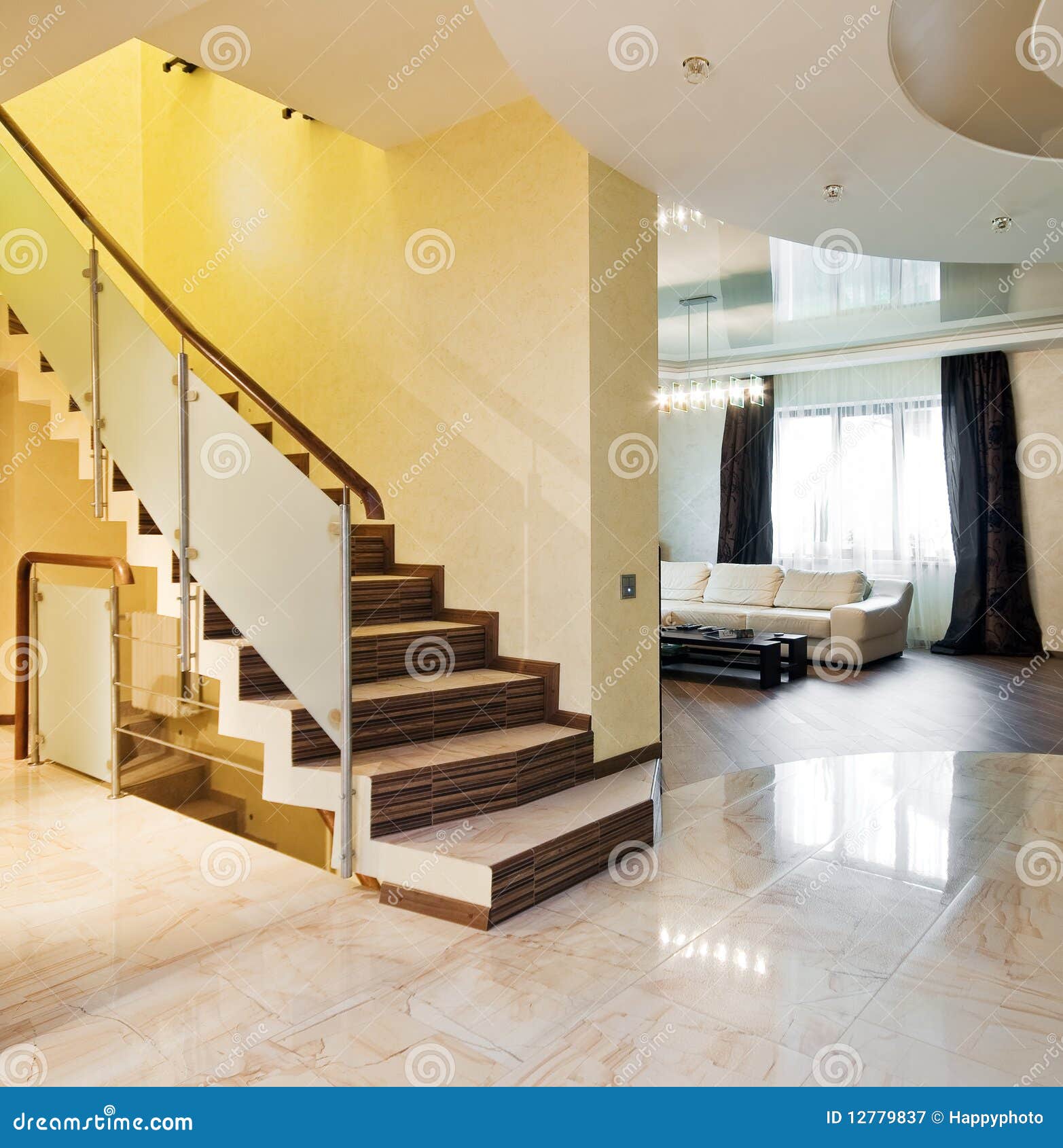 Luxury Hall with Staircase in a House Stock Image - Image of lobby ...
