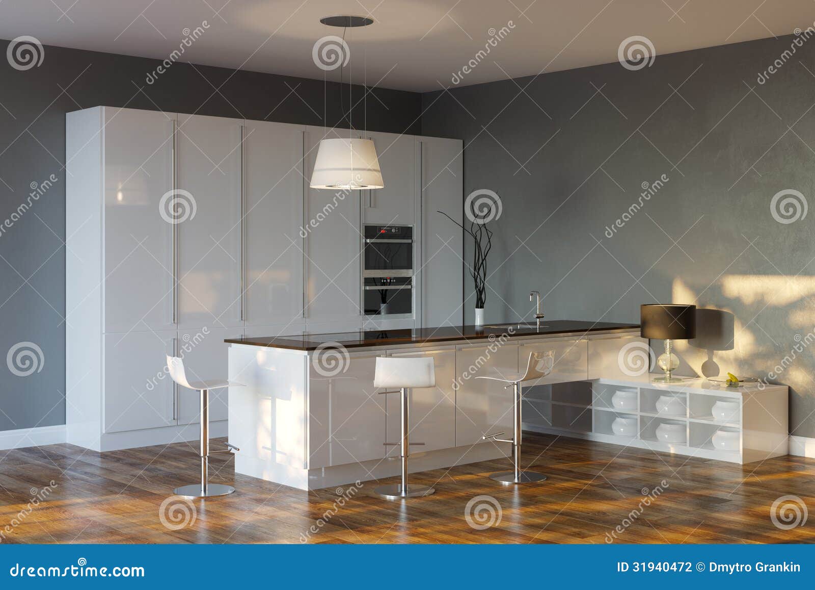 Luxury Hi-Tech Kitchen with Grey Walls and Bar Stock Photo - Image of ...