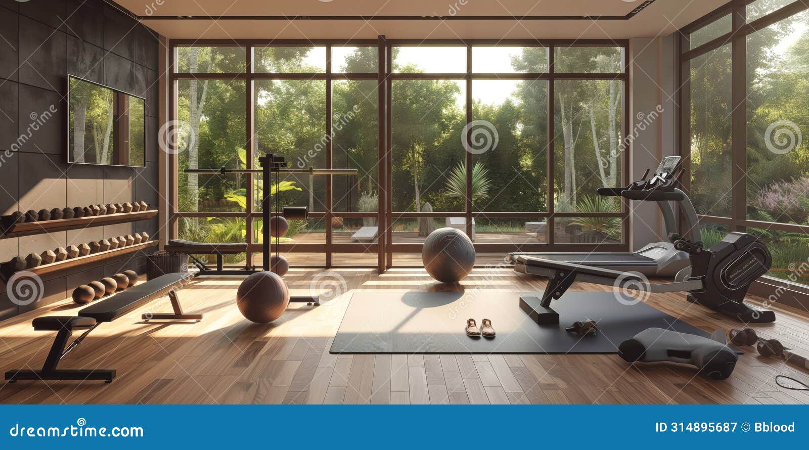 Luxury Home Gym with Forest View Stock Image - Image of contemporary ...