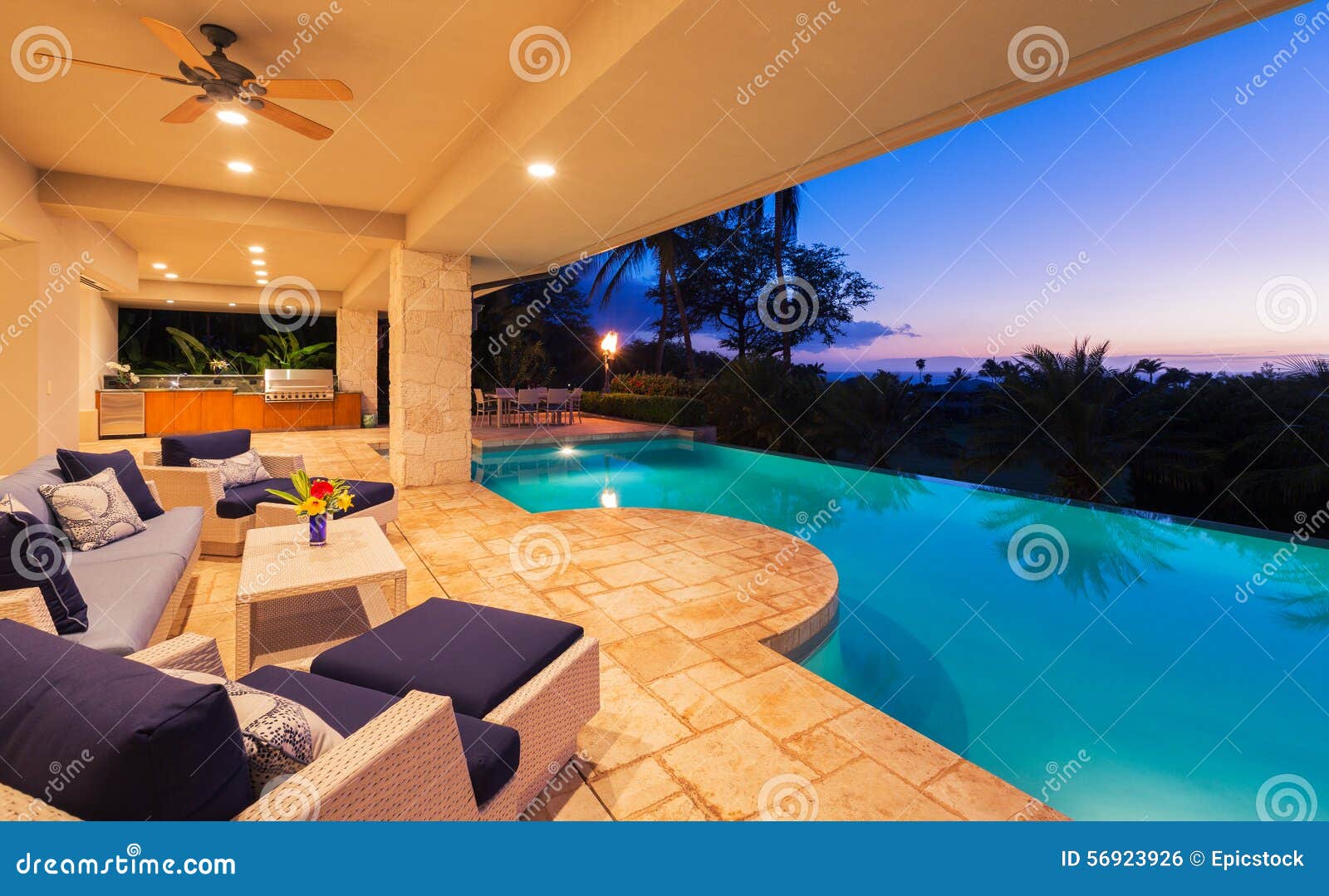 Luxury Home with Pool at Sunset Stock Photo - Image of holiday, chairs ...