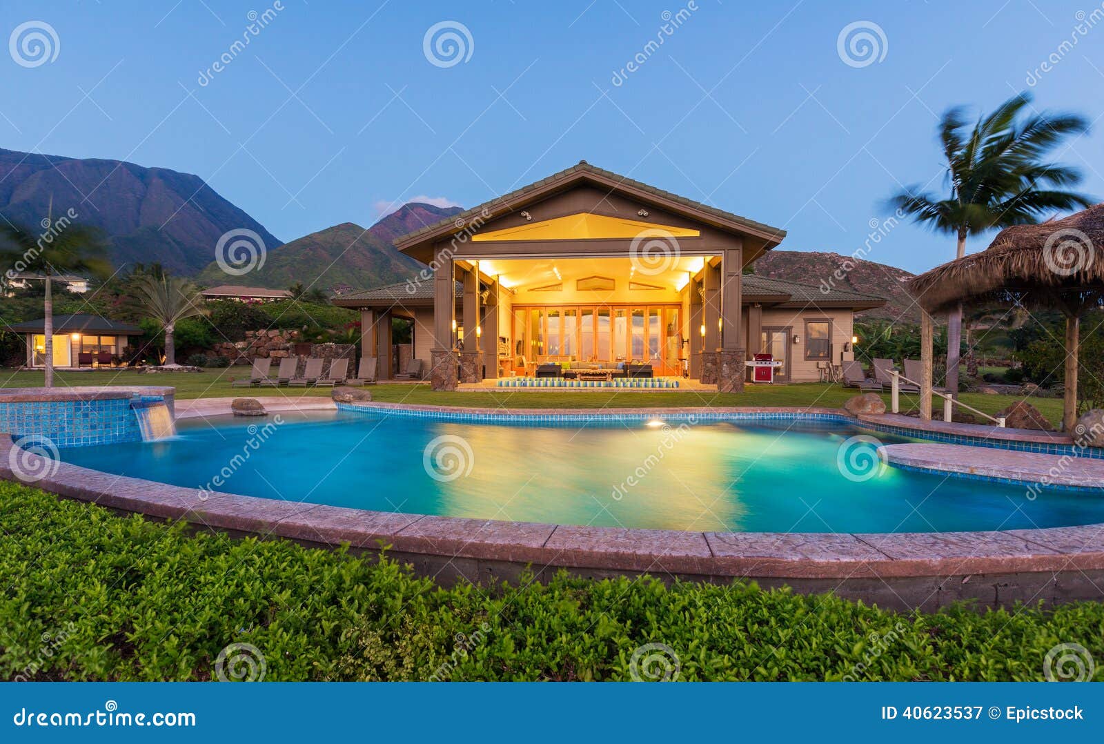 Luxury Home with Swimming Pool at Sunset Blue Stock Image - Image of ...