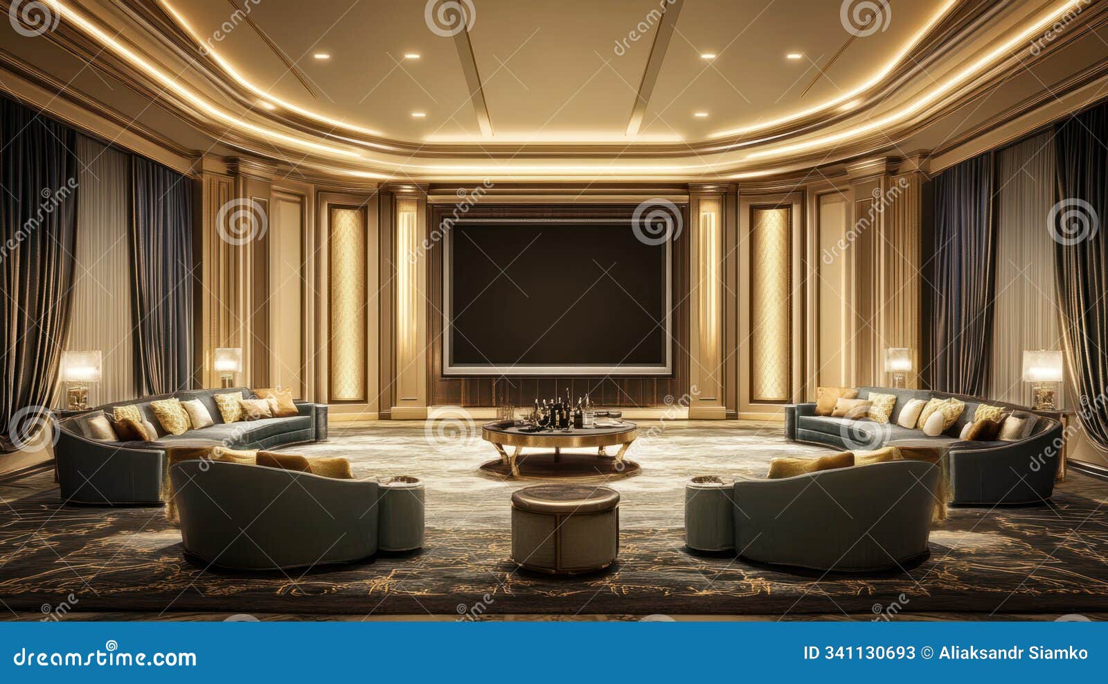 Luxury Home Theater Room Design 3D Render Stock Illustration ...