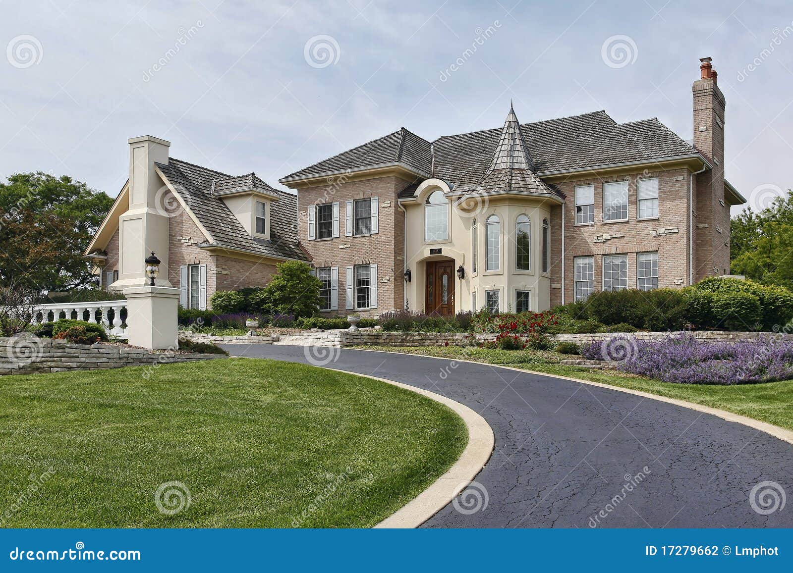 Luxury home with turret stock photo. Image of large, lawn - 17279662