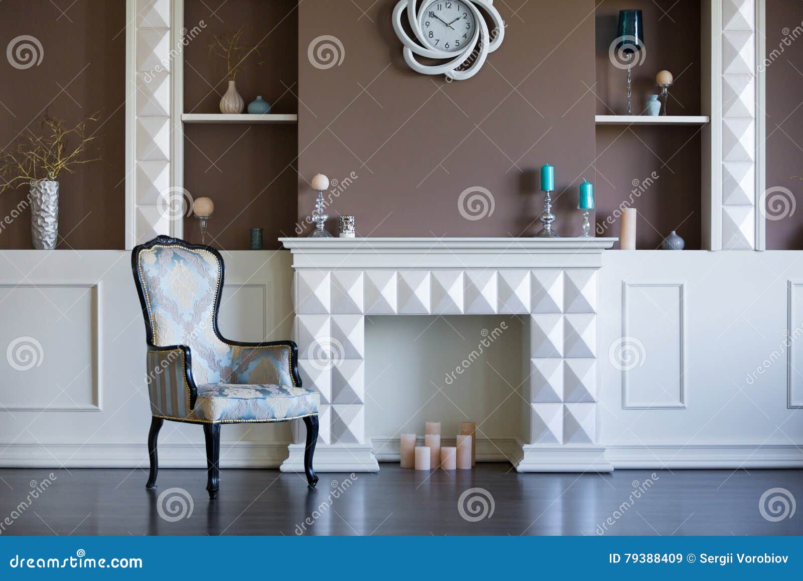 Luxury Home White Fireplace with Stone, Clock and Brown Walls. Stock ...