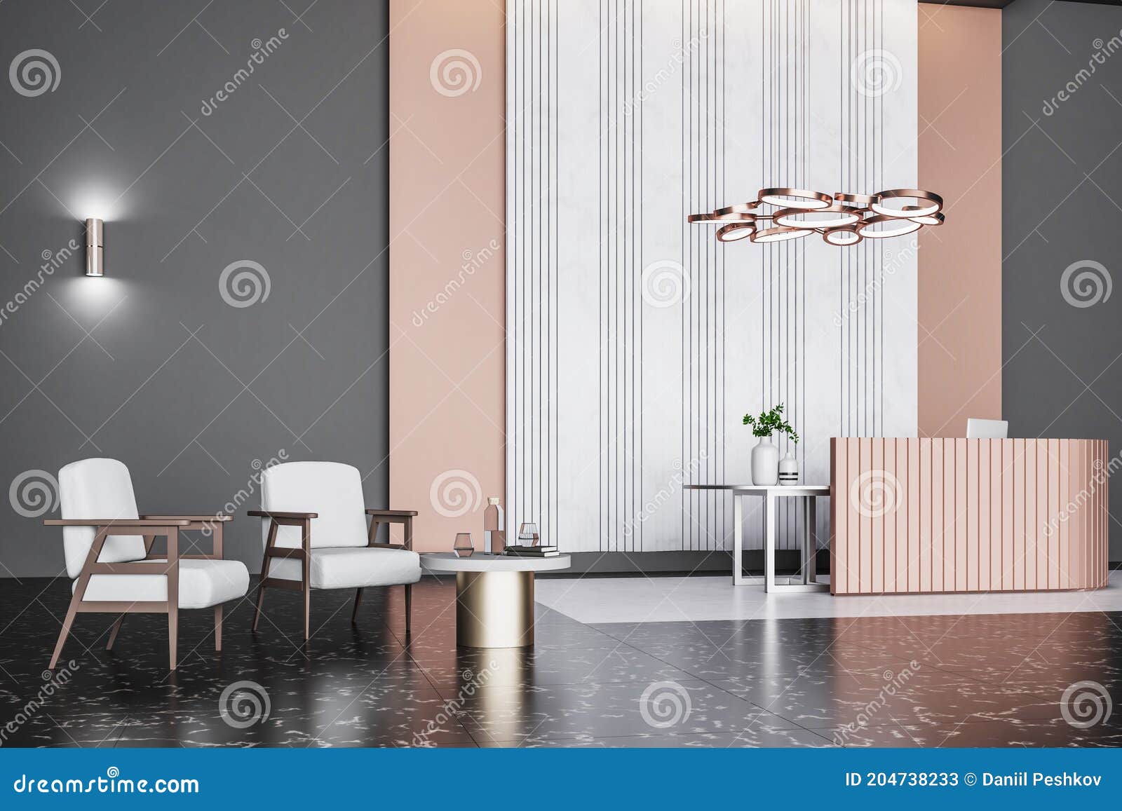 Luxury Hotel Corridor with Reception Table and Waiting Area Stock ...