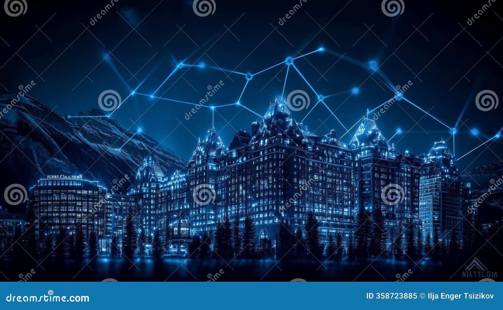 Luxury Hotel and Digital Network Connection, Technology Concept, Banff ...