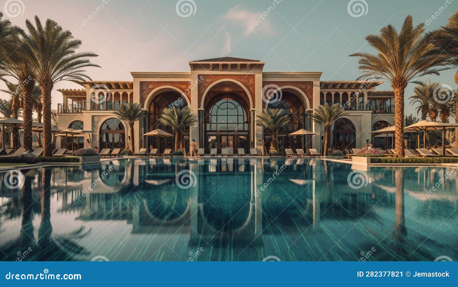Luxury Hotel with Poolside Palm Trees, Reflecting Modern Arabic Style ...