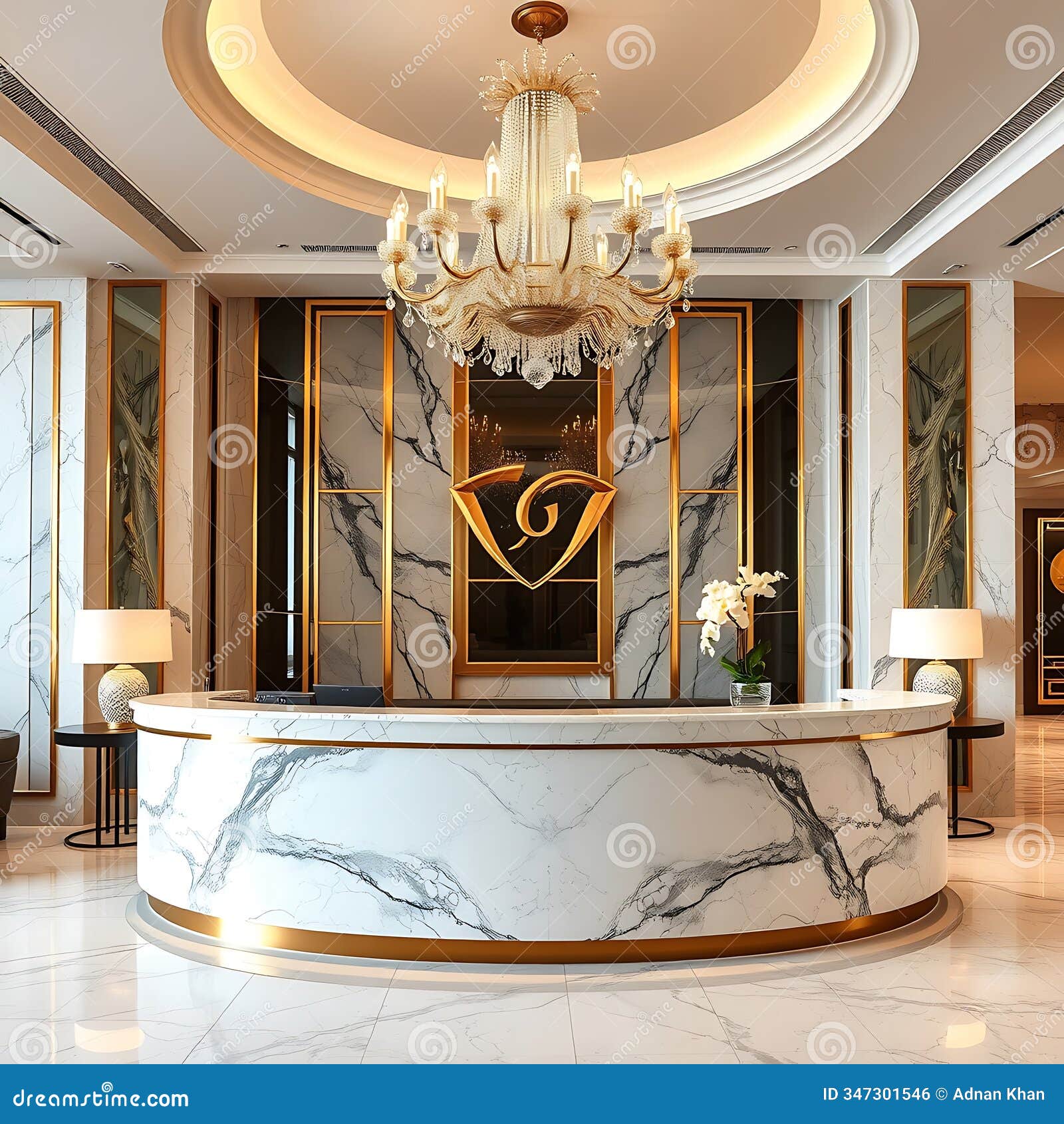 A Luxury Hotel Reception Desk with Marble Countertops Elegant ...