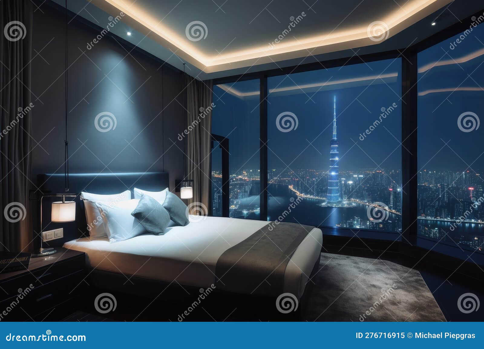 Luxury Hotel Room at Night with a Metropolis Behind the Window Created ...