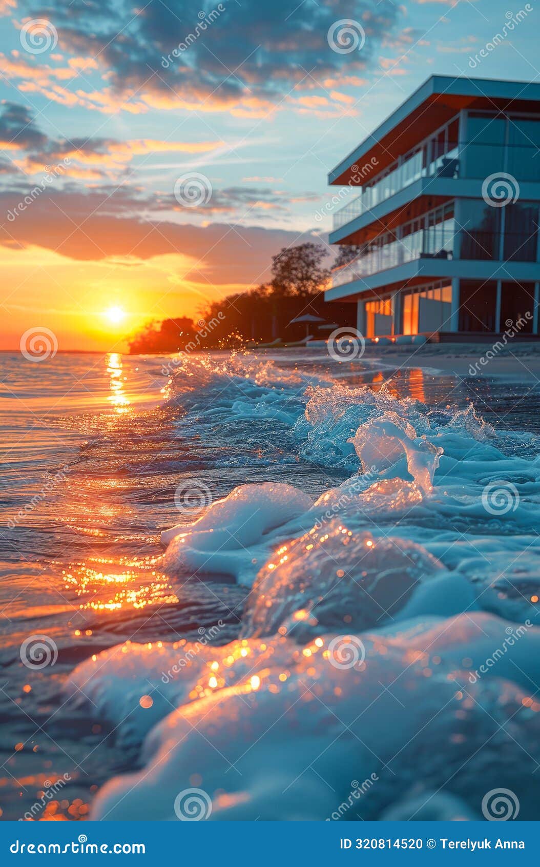 Luxury Hotel by the Sea at Sunset. Modern House on the Beach Stock ...