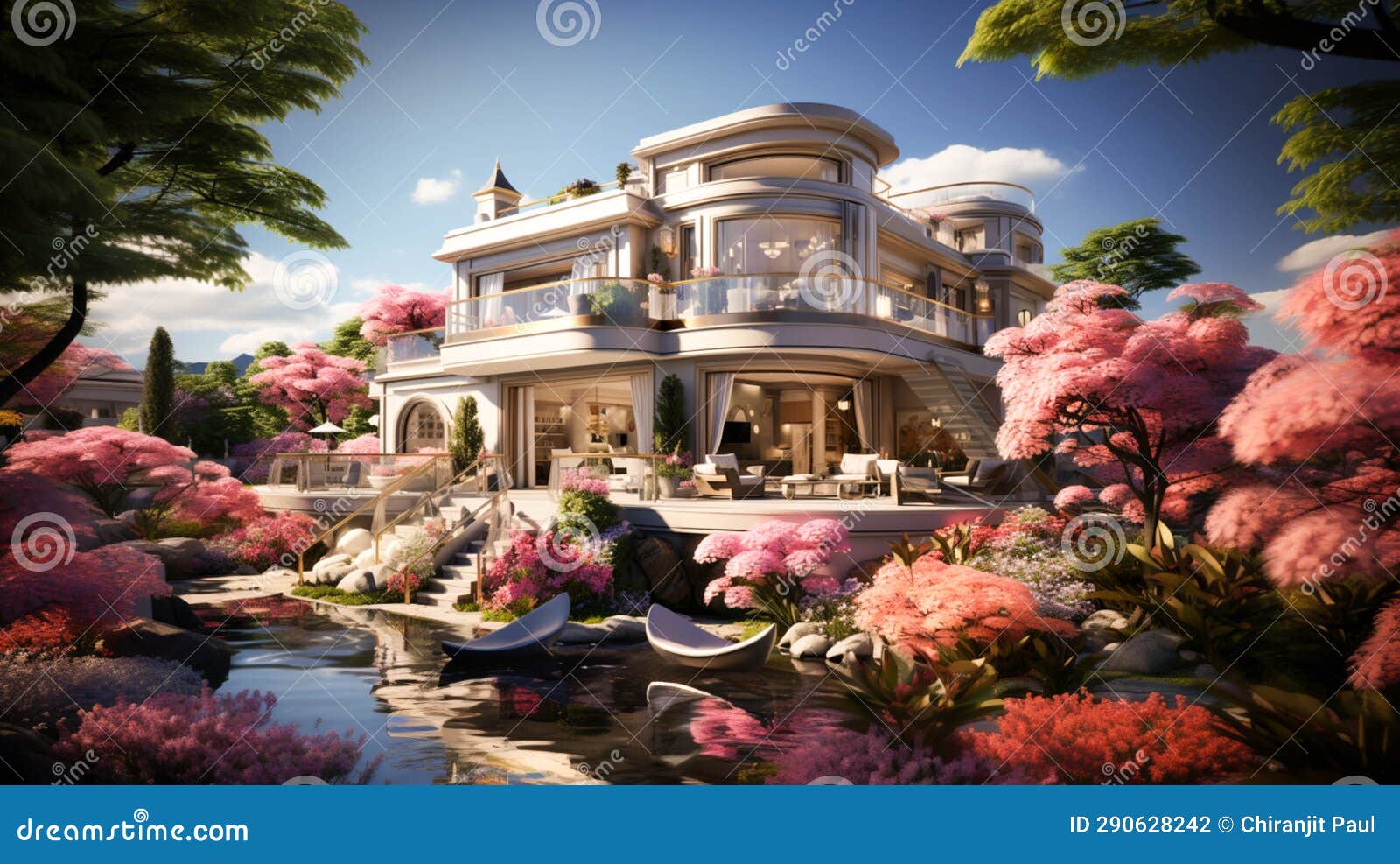 A Luxury House with a Balcony and Infront Flower Garden Stock ...