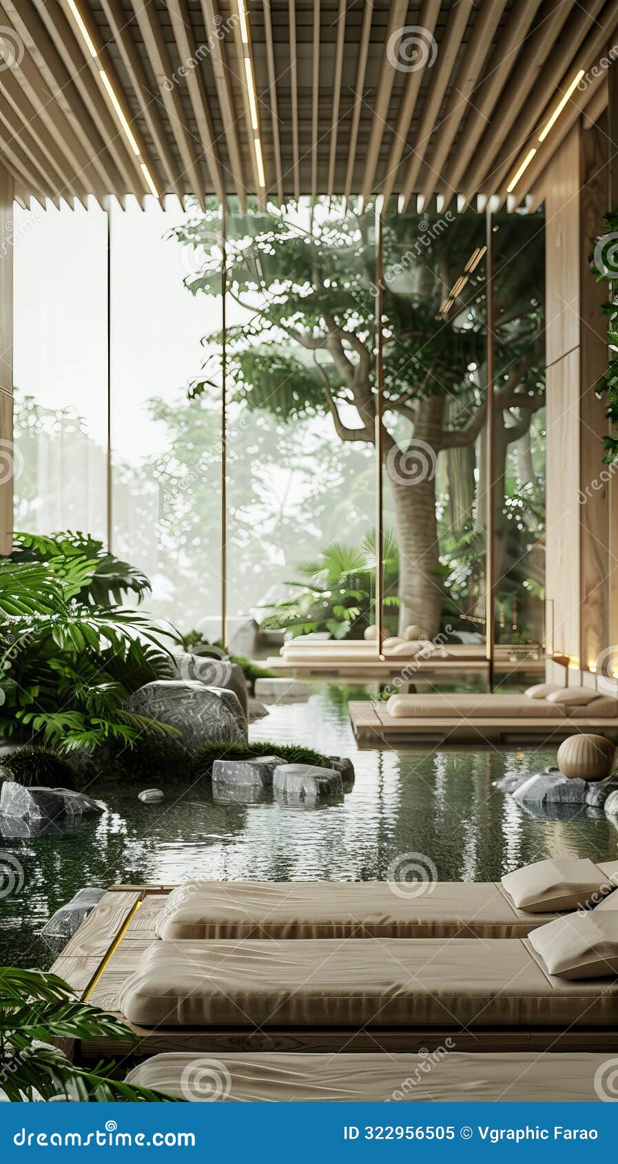 Luxury Indoor Tropical Lounge with Water Features and Greenery Stock ...