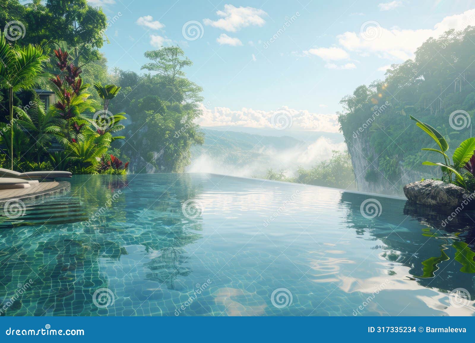 Luxury Infinity Pool with Rainforest View Below Sunny Blue Sky Stock ...