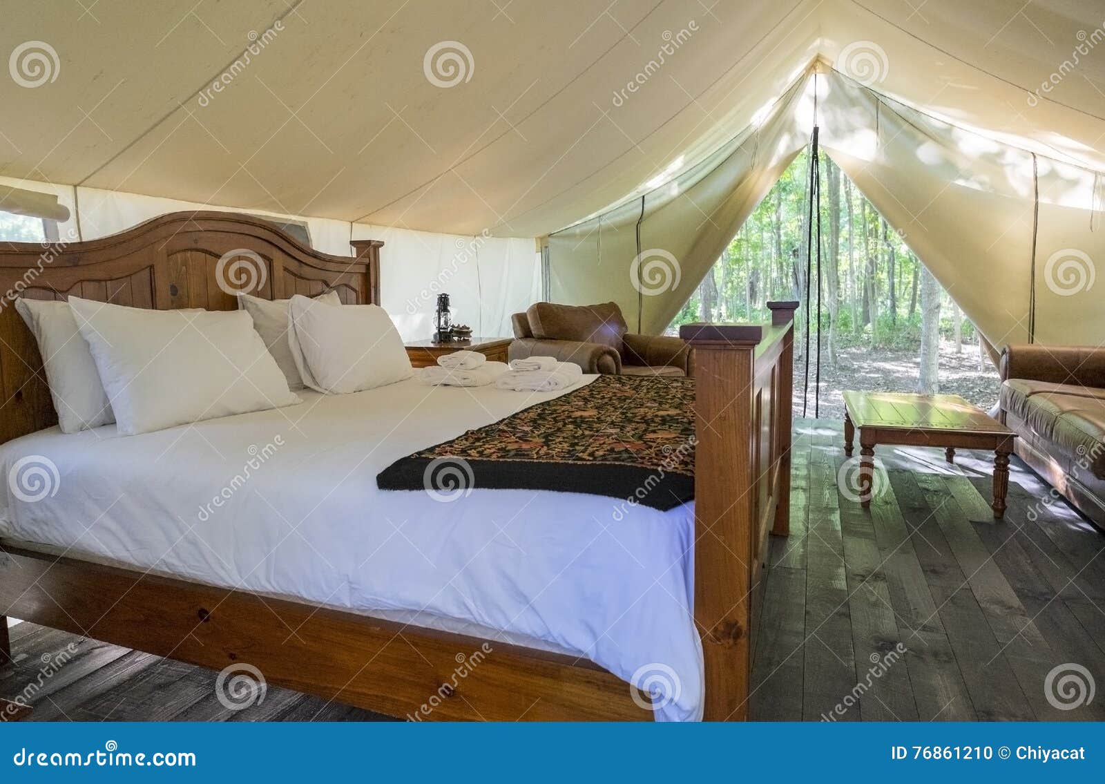 Luxury Interior of a Camp Tent in the Woods Stock Photo - Image of ...