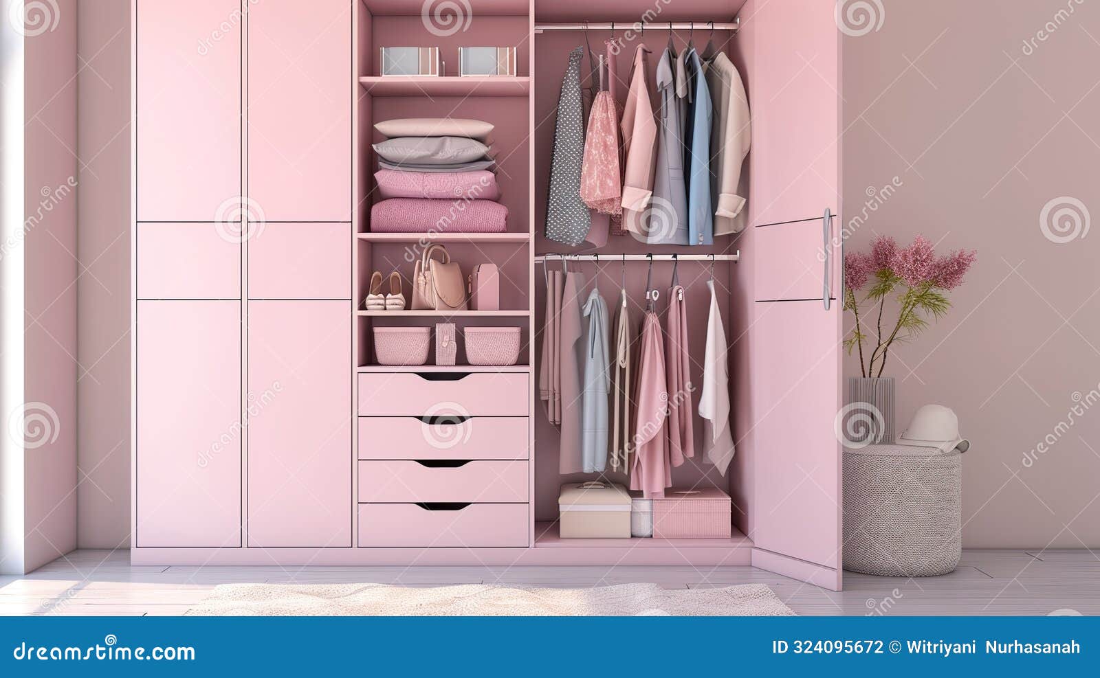 Luxury Interior of Large Room in Pink Colors, Pink Wardrobe. Generative ...