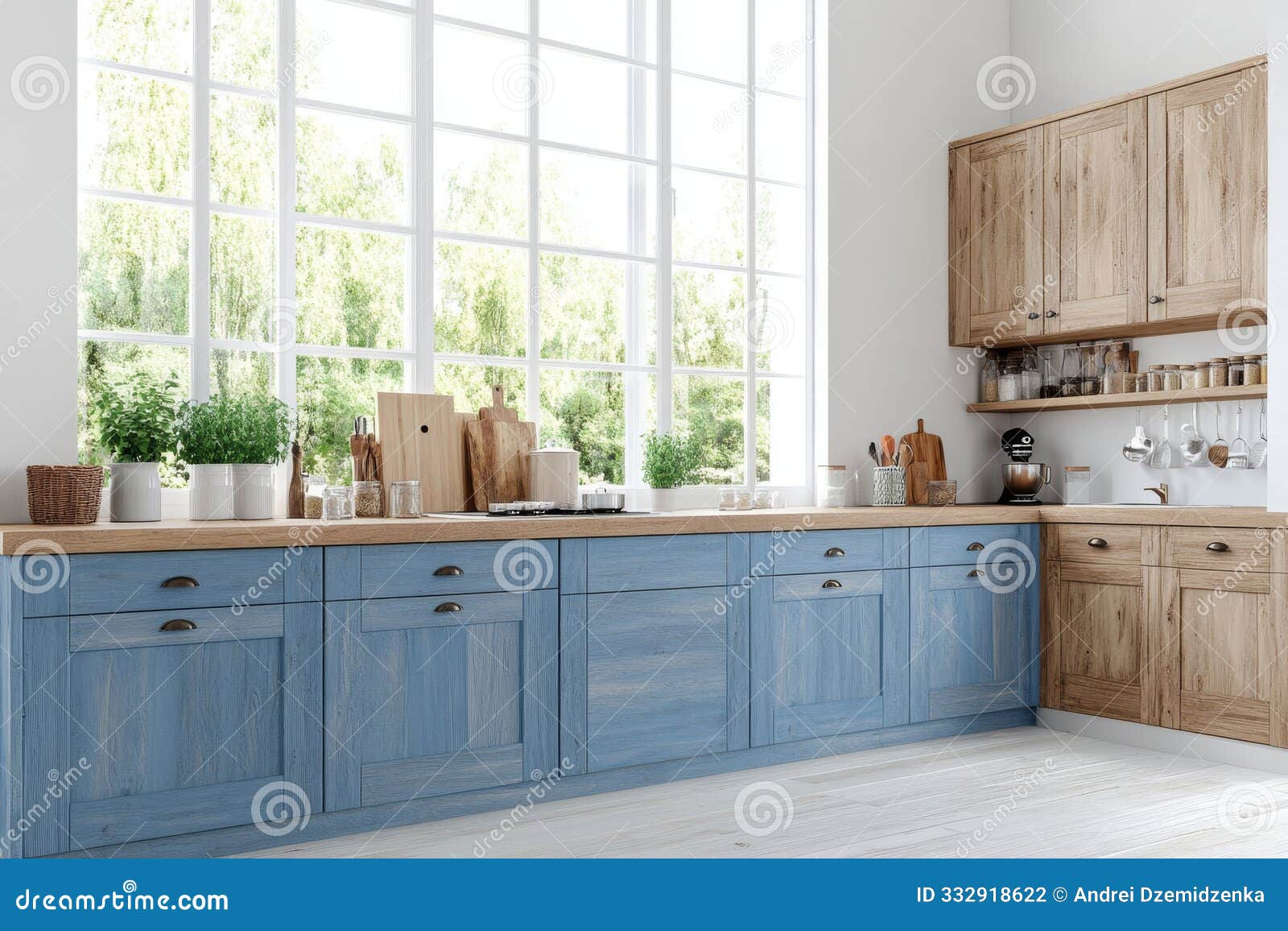 A Luxury Kitchen Interior with a Cooking Cabinet and Panoramic Windows ...