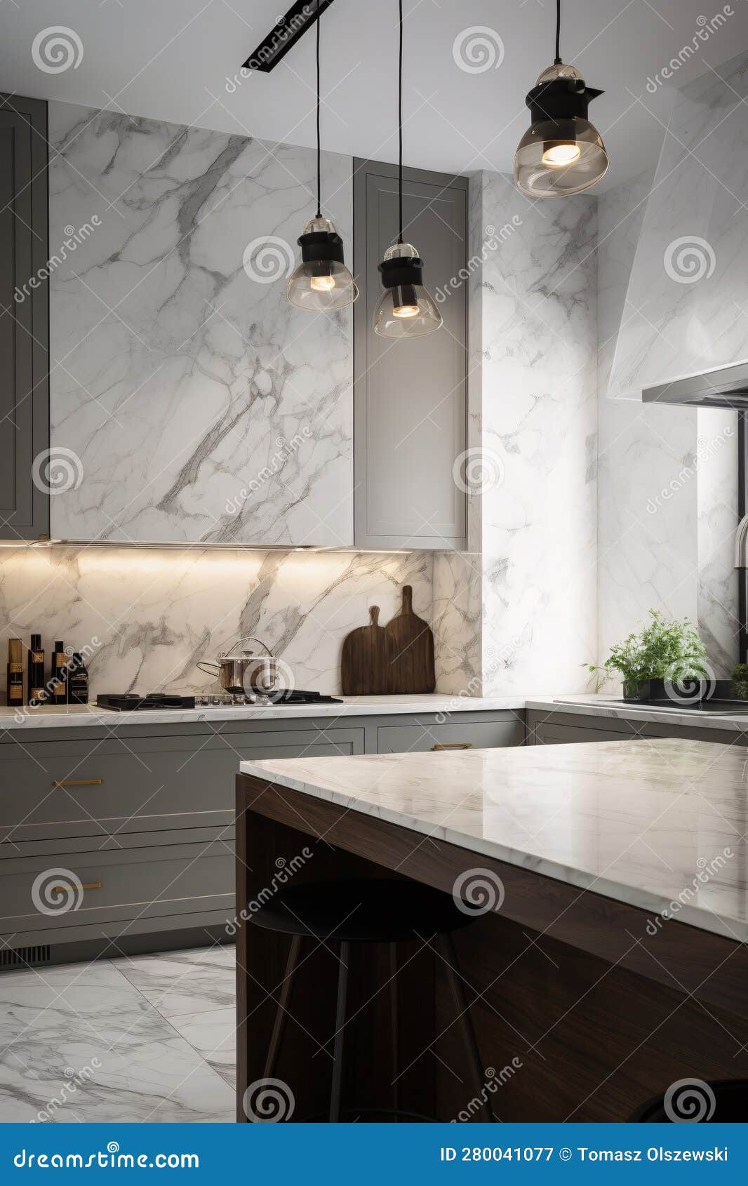 Luxury Kitchen Interior with Marble Carrara Countertop and Built in ...
