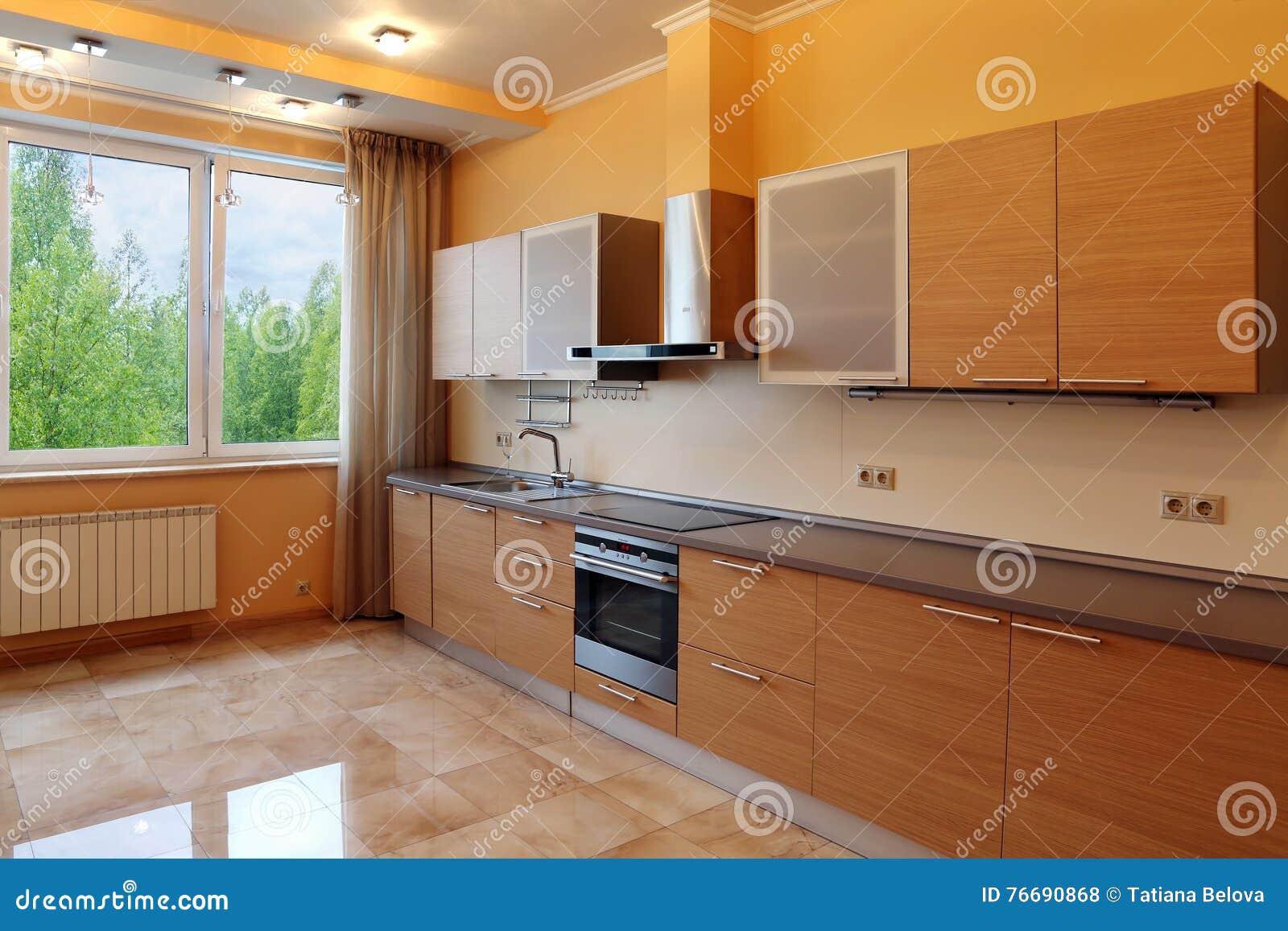 Luxury Kitchen Interior with Orange Walls , Stone Floor and Fore Stock ...