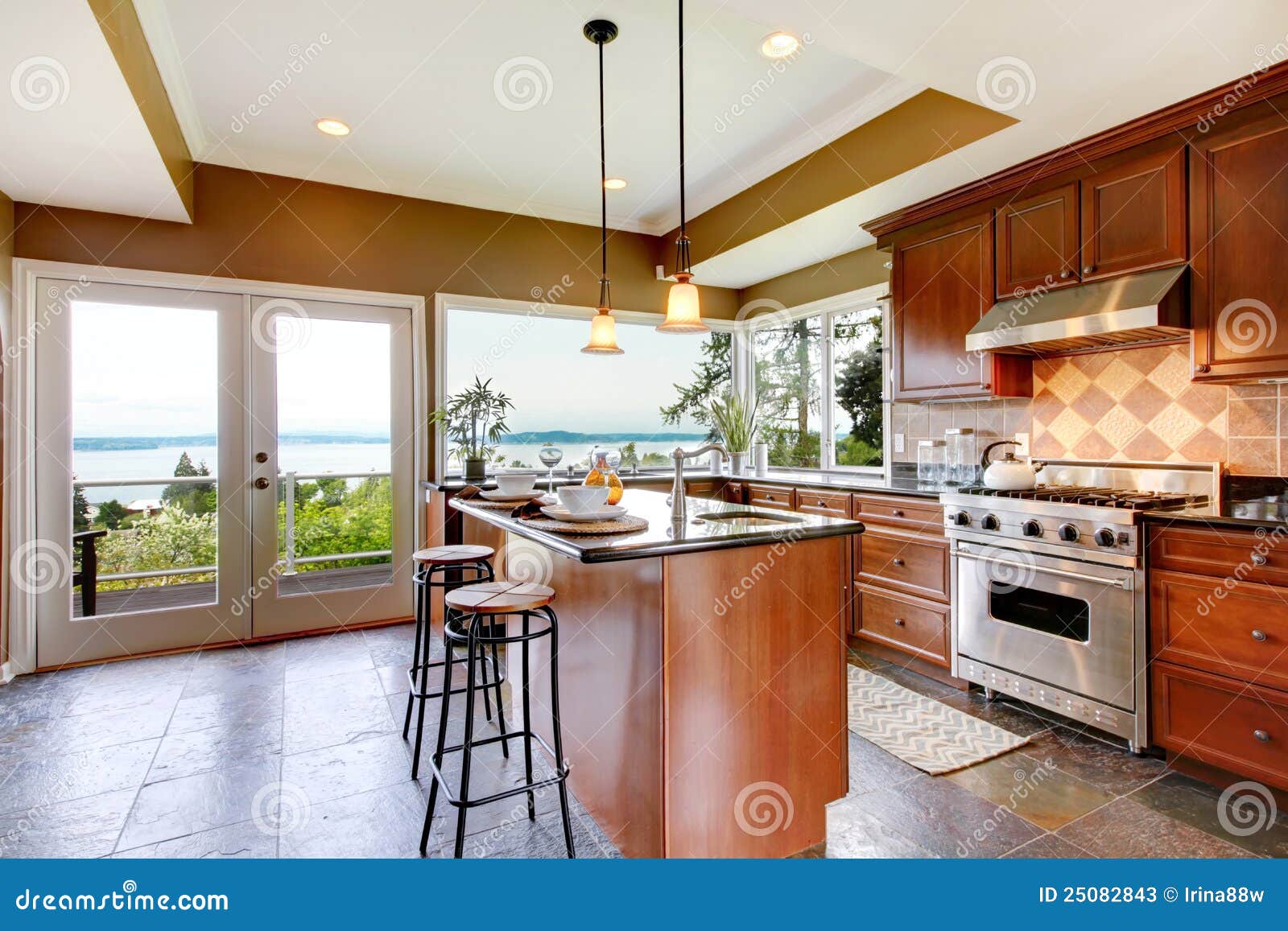 Luxury Kitchen Interior with Water View. Stock Image - Image of ...