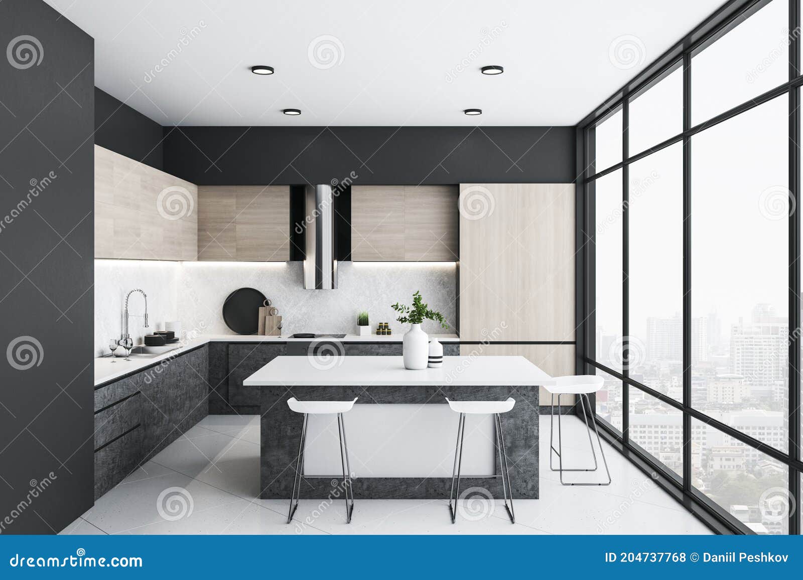 Luxury Kitchen Studio Interor with Panoramic City View Stock ...