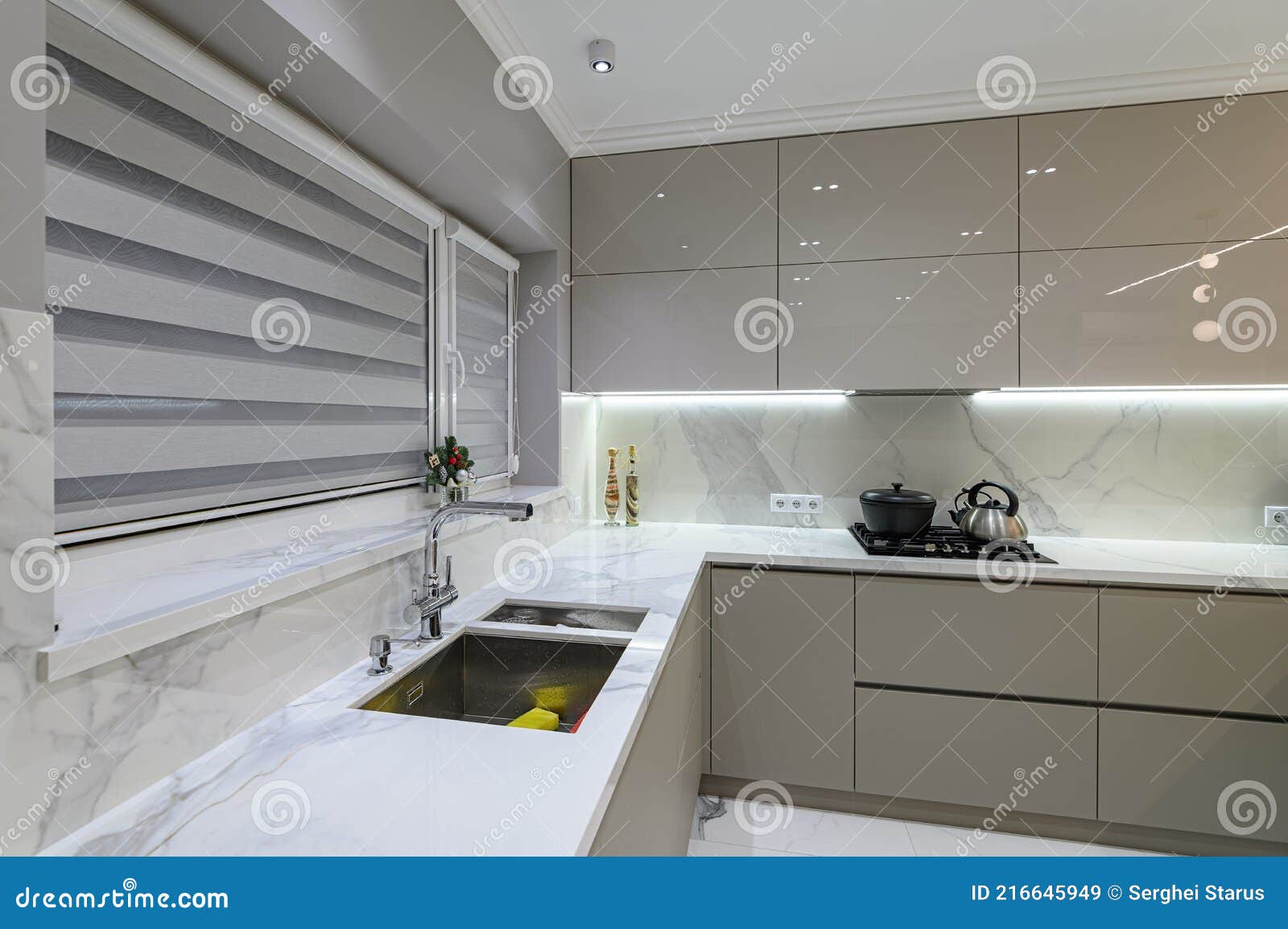Luxury White Modern Marble Kitchen in Studio Space Stock Image - Image ...