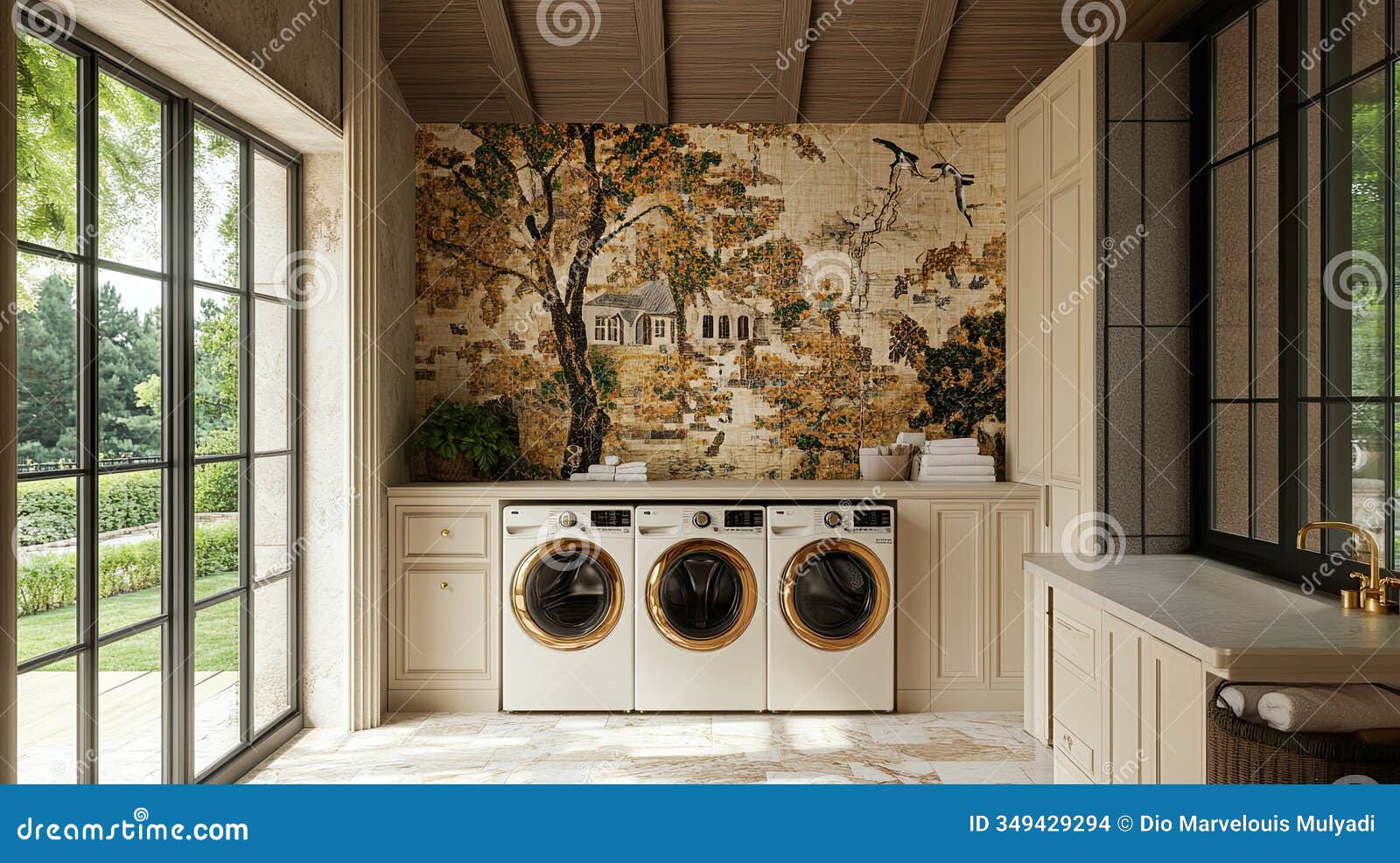 Luxury Laundry Room with Mural Wallpaper Stock Illustration ...