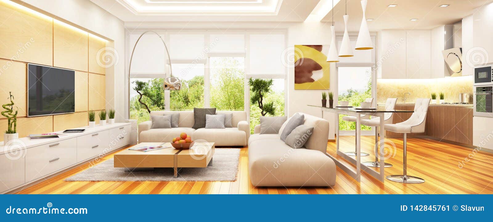 Luxurious Modern Living Room with Kitchen in One Space Stock Image ...