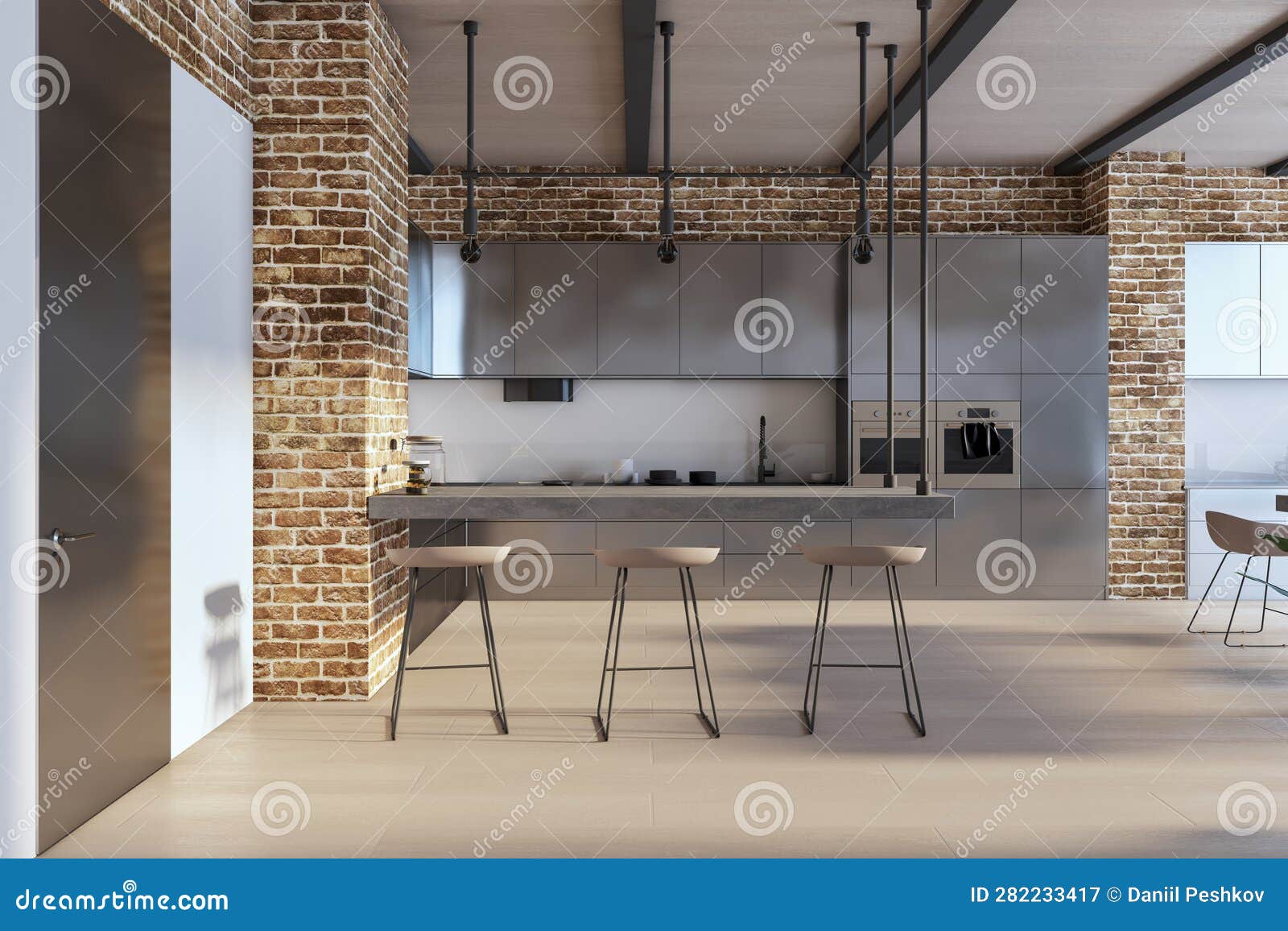 Luxury Loft Brick Kitchen Interior. Stock Illustration - Illustration ...