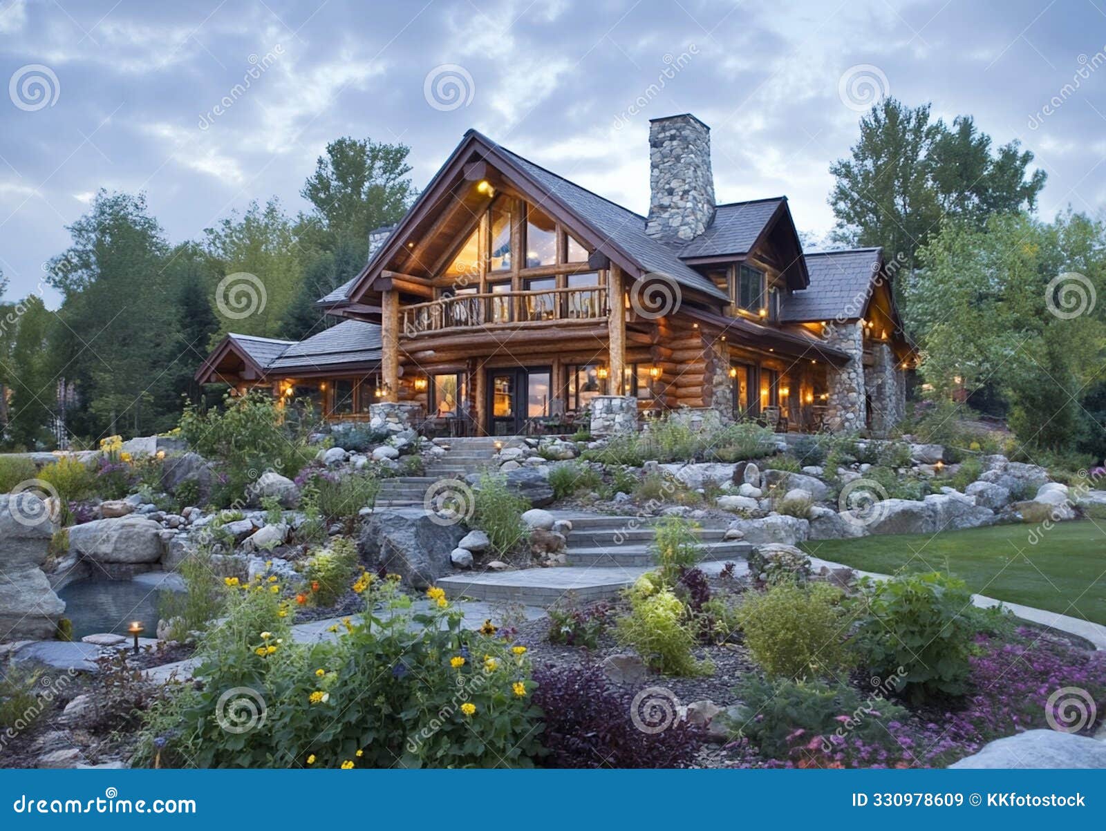 Luxury Log Cabin with Landscaping Stock Illustration - Illustration of ...