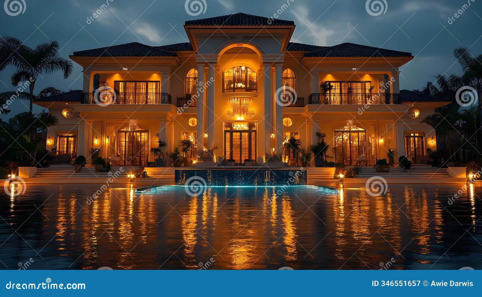 Luxury Mansion with Pool at Night - 3D Illustration Stock Illustration ...