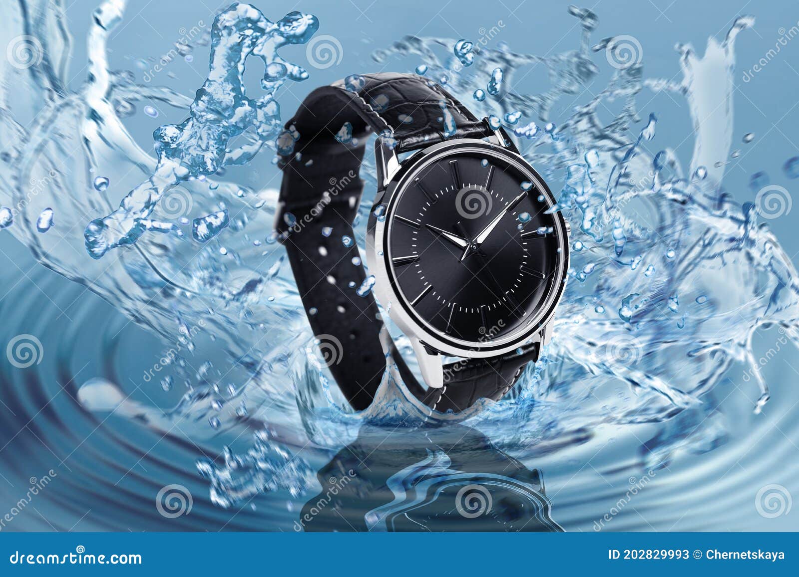 Luxury Men`s Watch in Water Splashes Demonstrating Its Waterproof Stock ...