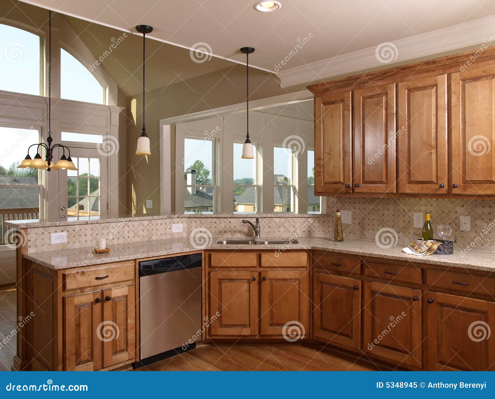 Luxury Model Home Maple Kitchen with Window 2 Stock Image - Image of ...