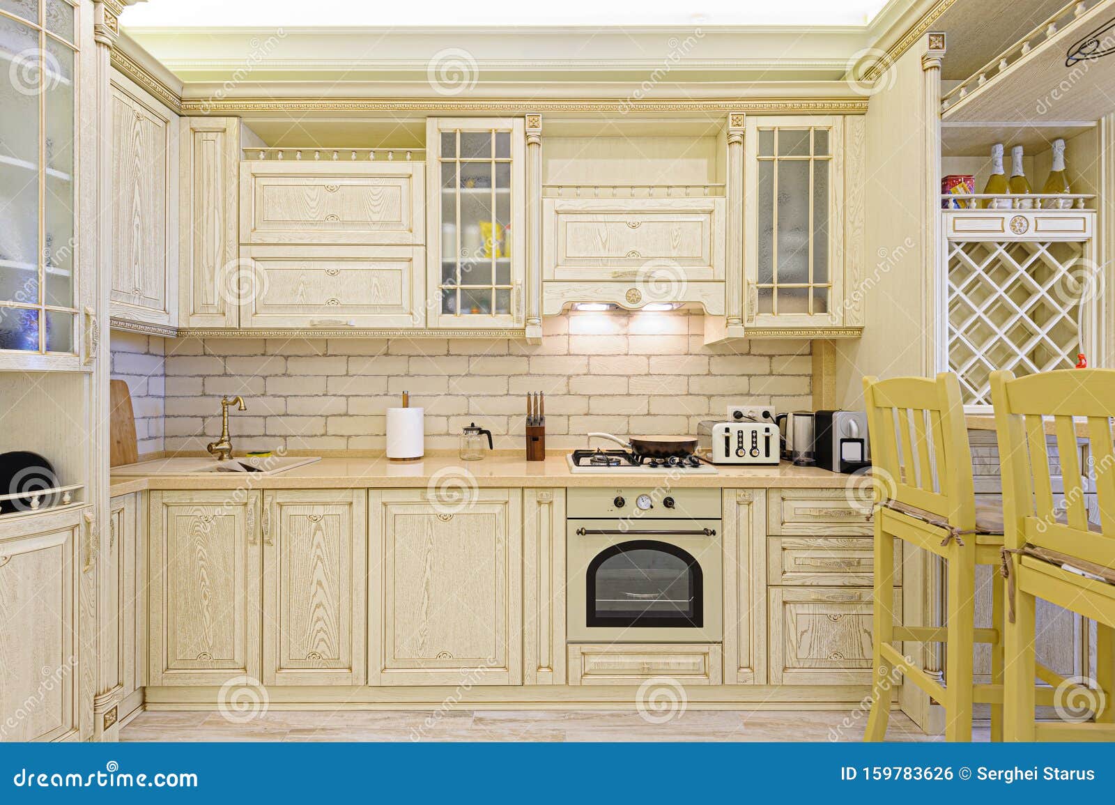 Luxury Modern Beige and White Kitchen Interior Stock Photo - Image of ...