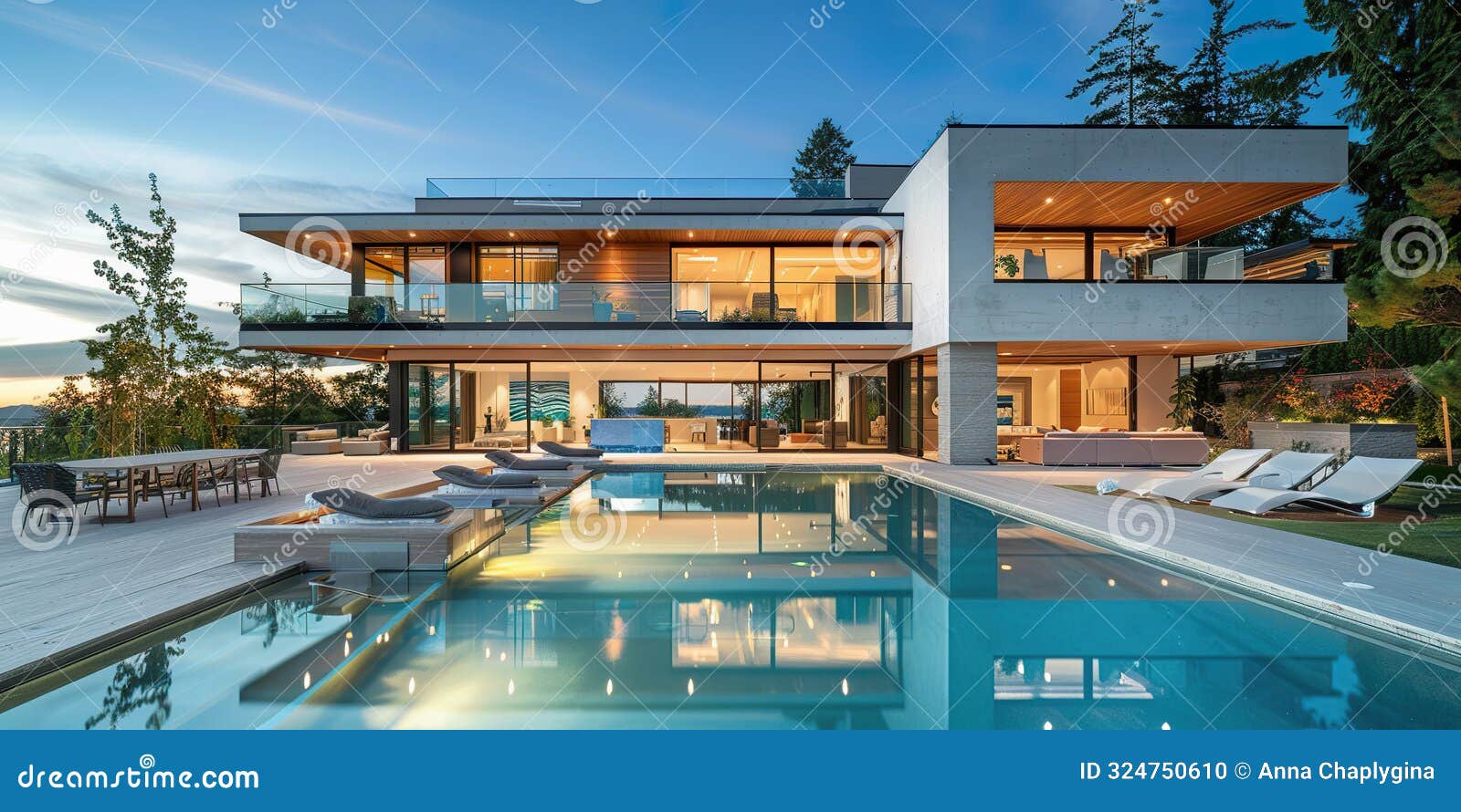 Luxury Modern Home with Infinity Pool at Sunset Stock Photo - Image of ...