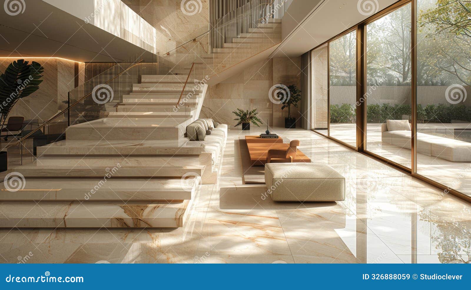 Luxury Modern Interior with Marble Staircase and Large Windows ...