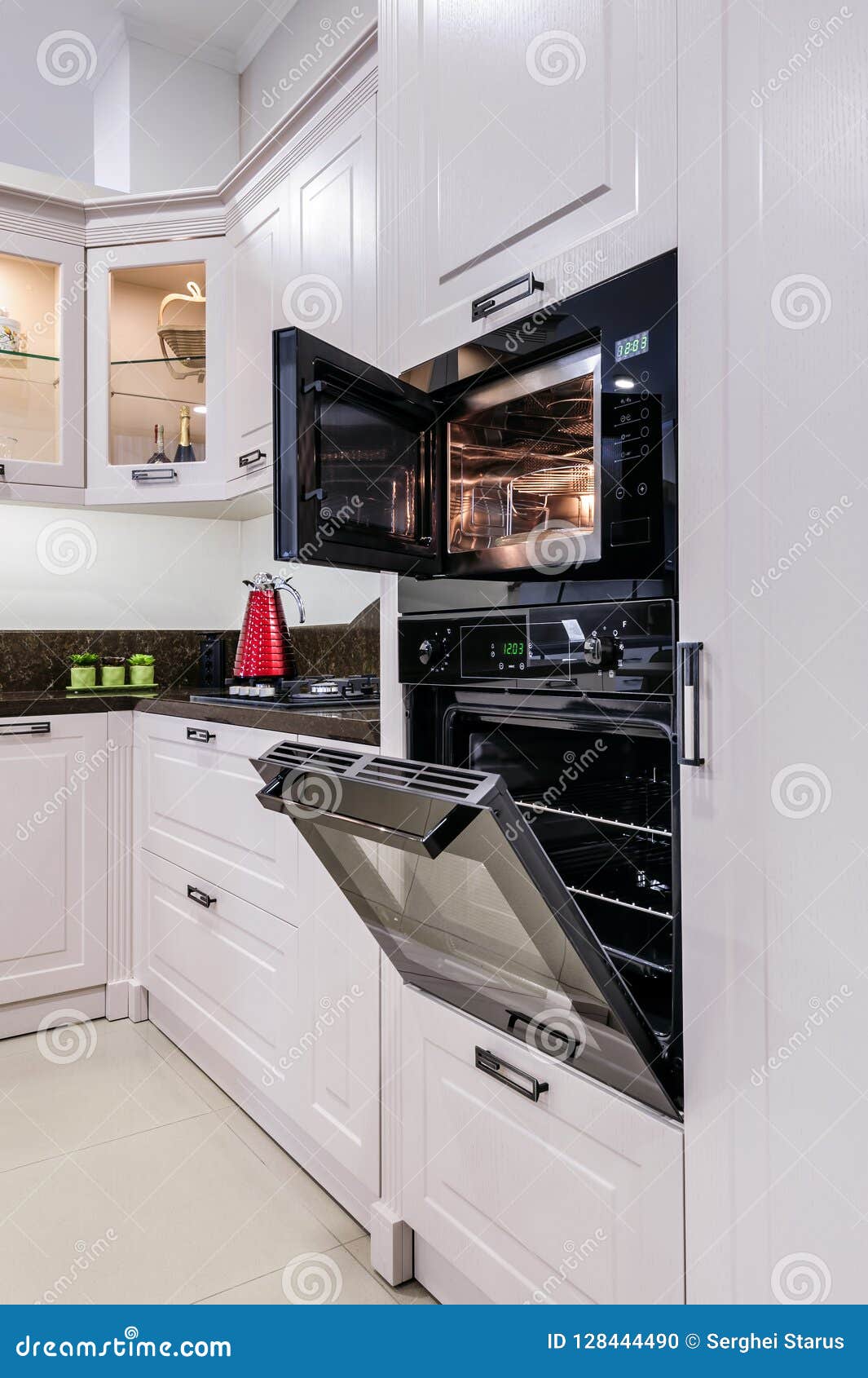 Luxury Modern Beige Kitchen Interior Stock Photo - Image of cooking ...