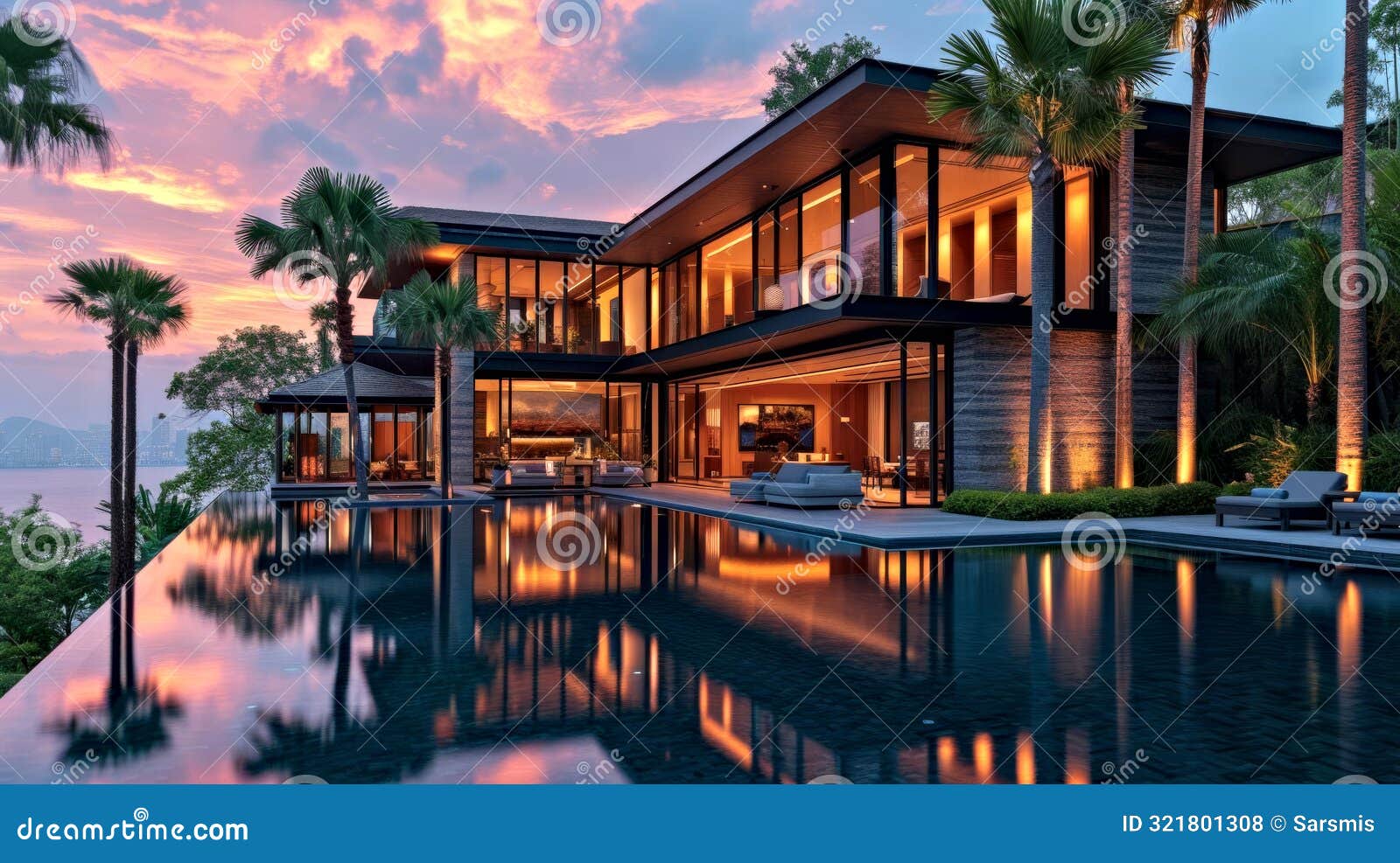 Luxury Modern Mansion with Infinity Pool at Sunset in Tropical Paradise ...