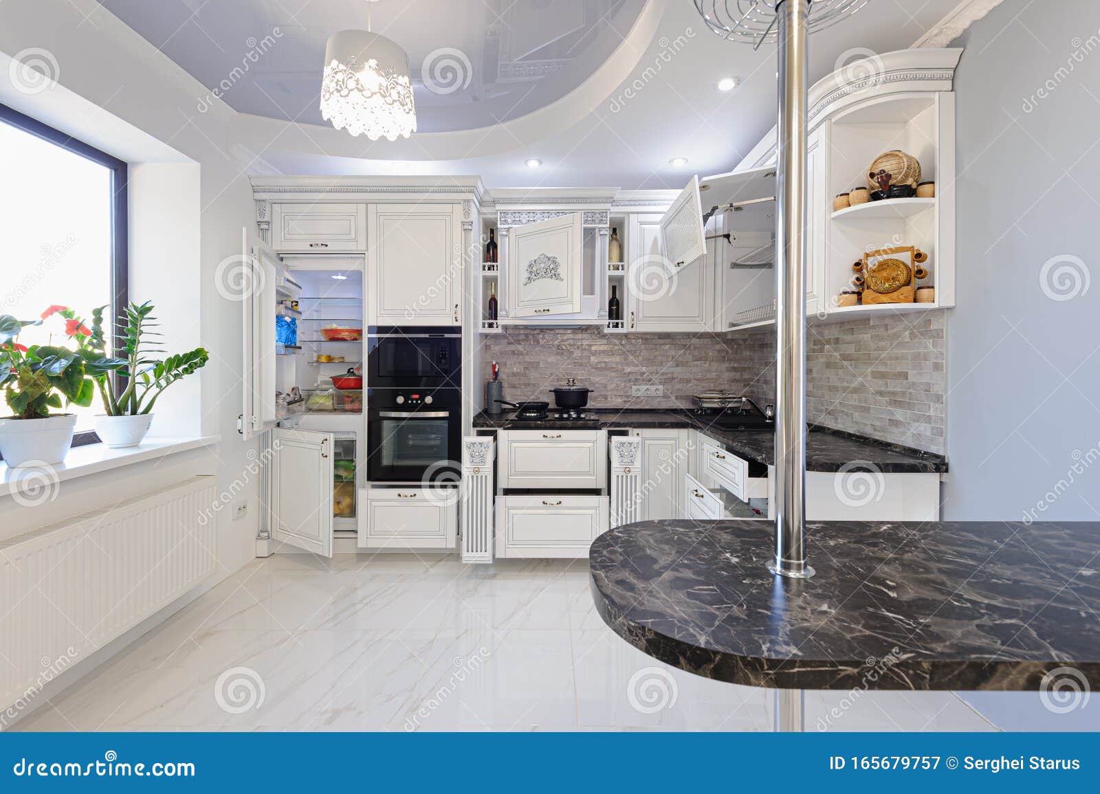 Luxury Modern White Colored Kitchen Interior Stock Image - Image of ...