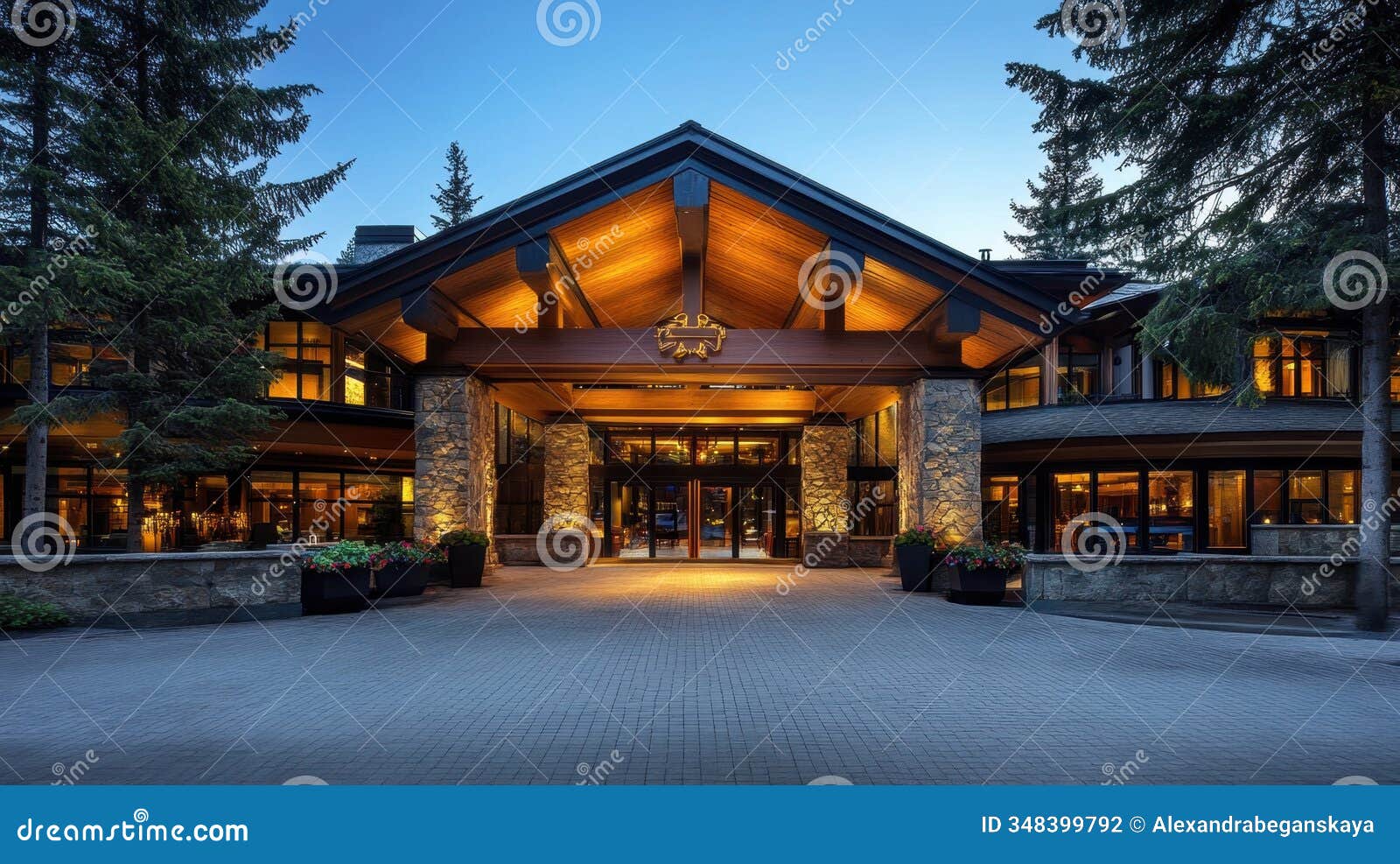 Luxury Mountain Resort at Twilight Featuring Rustic Architecture and ...